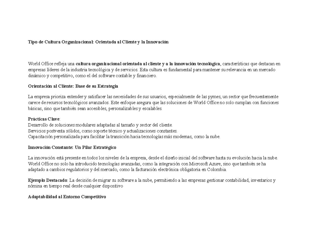 Proyecto Entrega 2 Escenario 5 - Tipo de Cultura Organizacional: Orientada al Cliente y la - Studocu