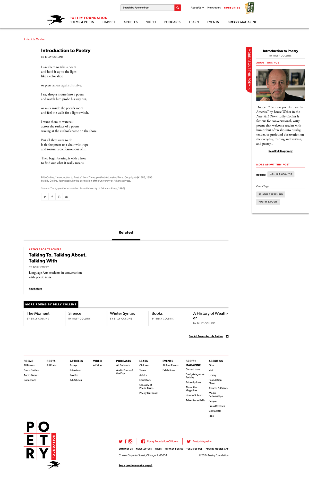 Introduction to Poetry by Billy Collins Poetry Foundation - Back to ...