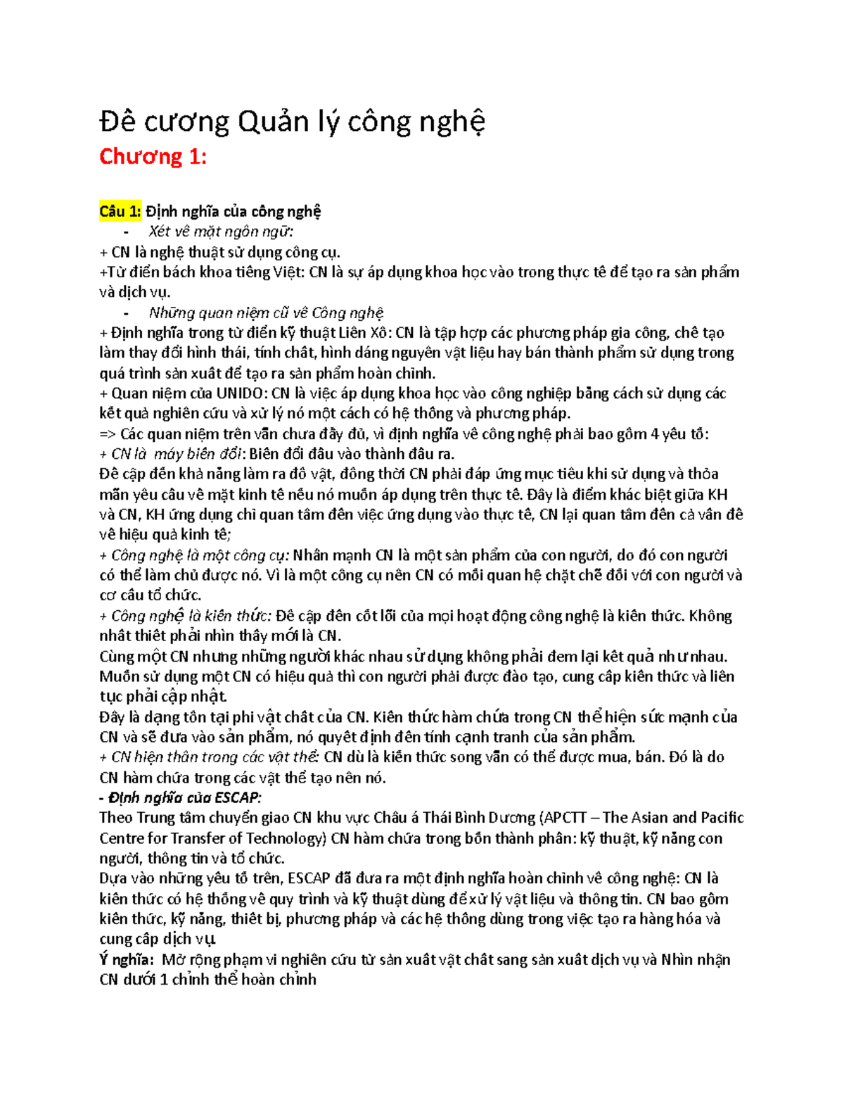Đề cương Quản lý công nghệ - Đềề c ng Qu n lý công nghươảệ Ch ng 1: ươ Câu 1: Đ nh nghĩa c a ...
