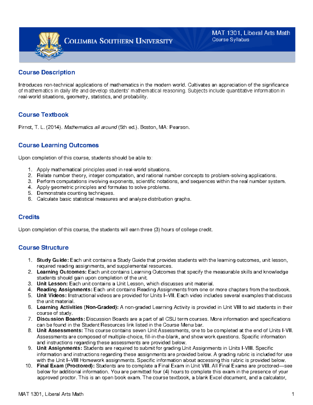 Syllabus - MAT 1301-14B – Liberal Arts Math - Course Description ...