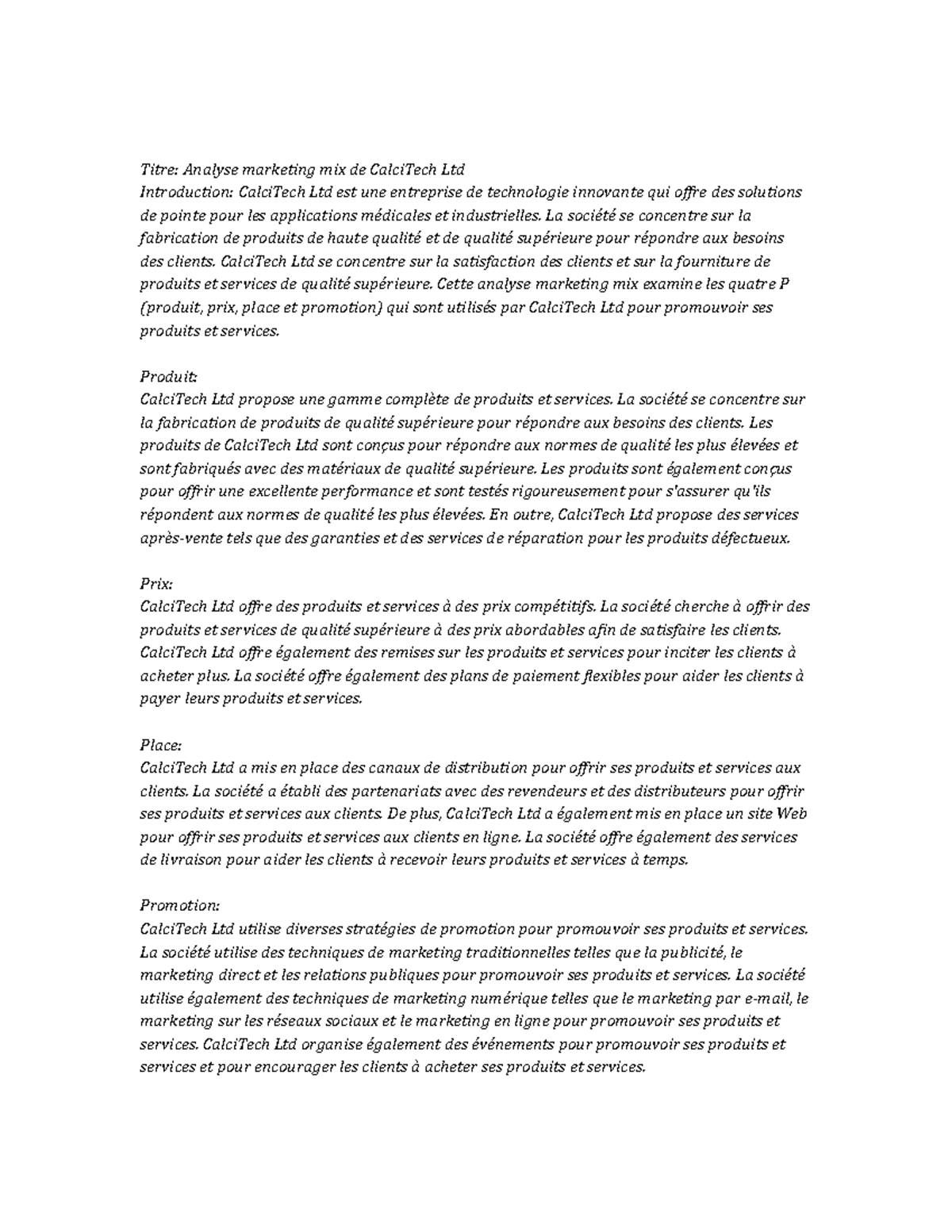 Calci Tech Ltd. marketing mix - Titre: Analyse marketing mix de ...