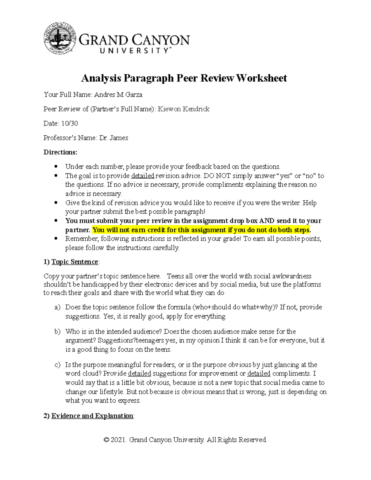 UNV-100 Analysis Paragraph Peer Review Worksheet - Analysis Paragraph ...