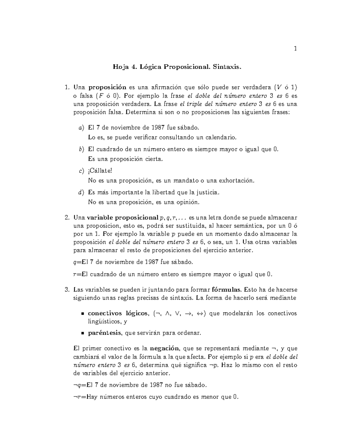 Hoja 4 Lógica Proposicional.Sintaxis (resuelta) - Hoja 4. L ́ogica ...
