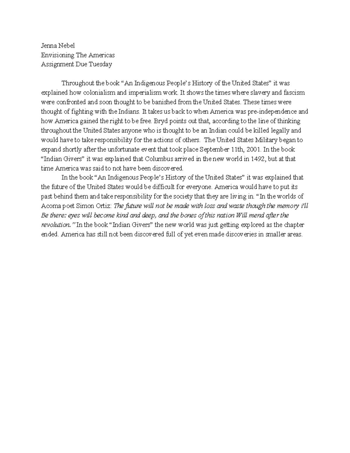 Envisioning the americas assignment due tuesday - Jenna Nebel ...
