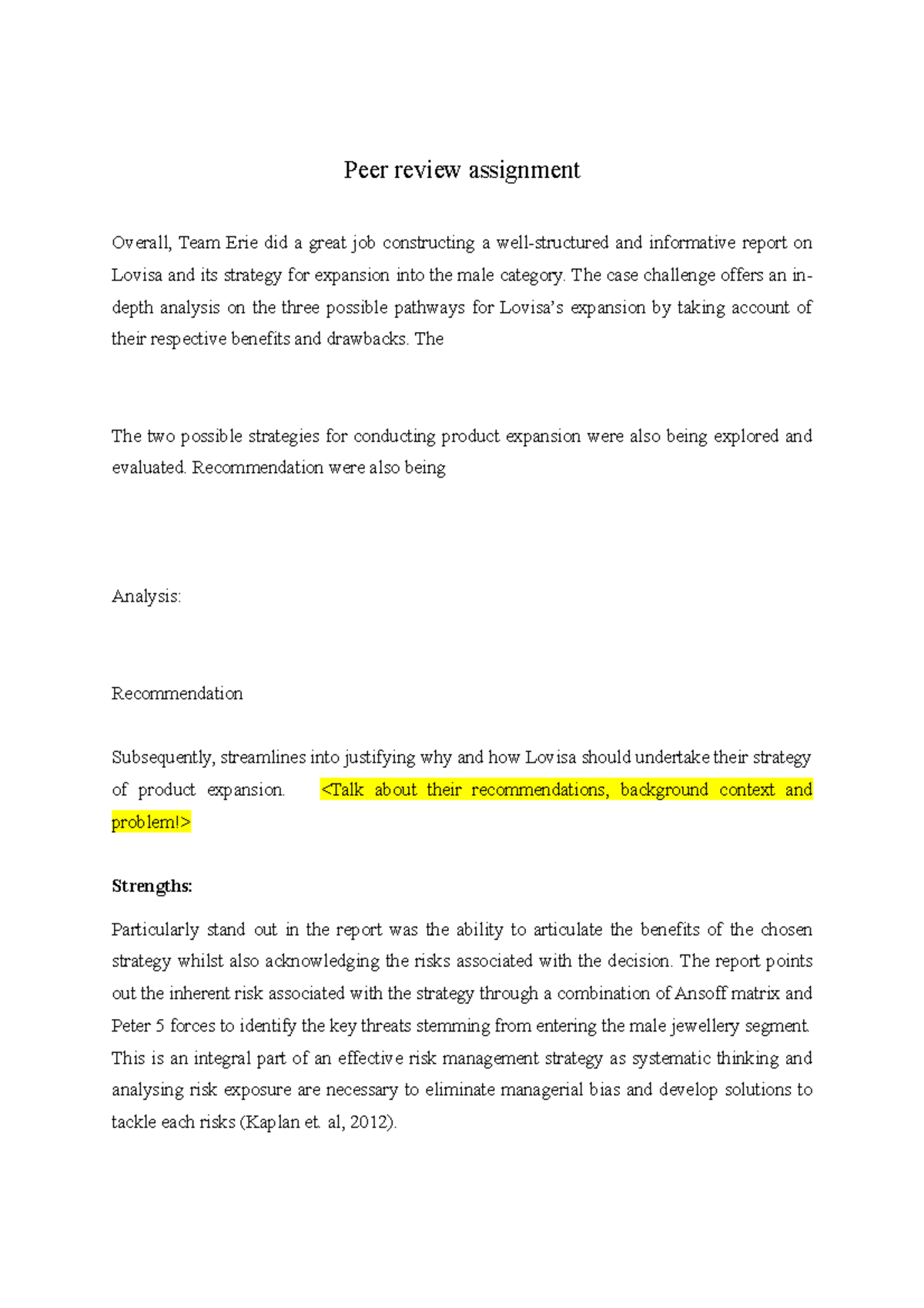 Peer review assignment essay - Peer review assignment Overall, Team ...