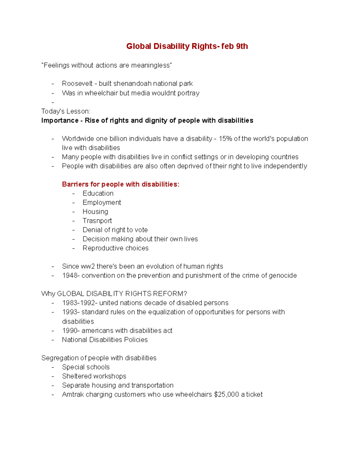 Posc 200 p4 in class lecture - Global Disability Rights- feb 9th “Feelings without actions are ...
