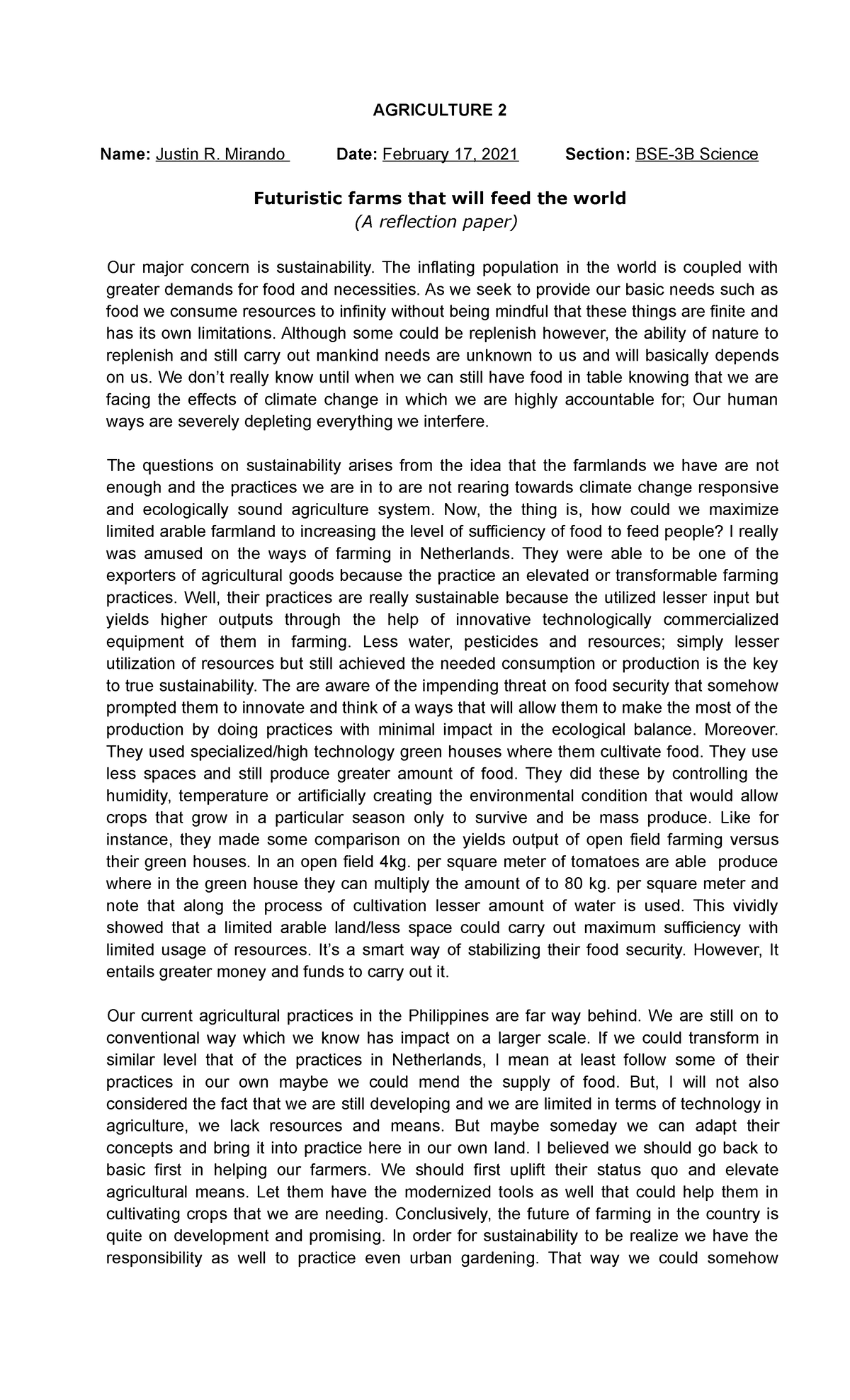 Agriculture 1 - .... - AGRICULTURE 2 Name: Justin R. Mirando Date ...