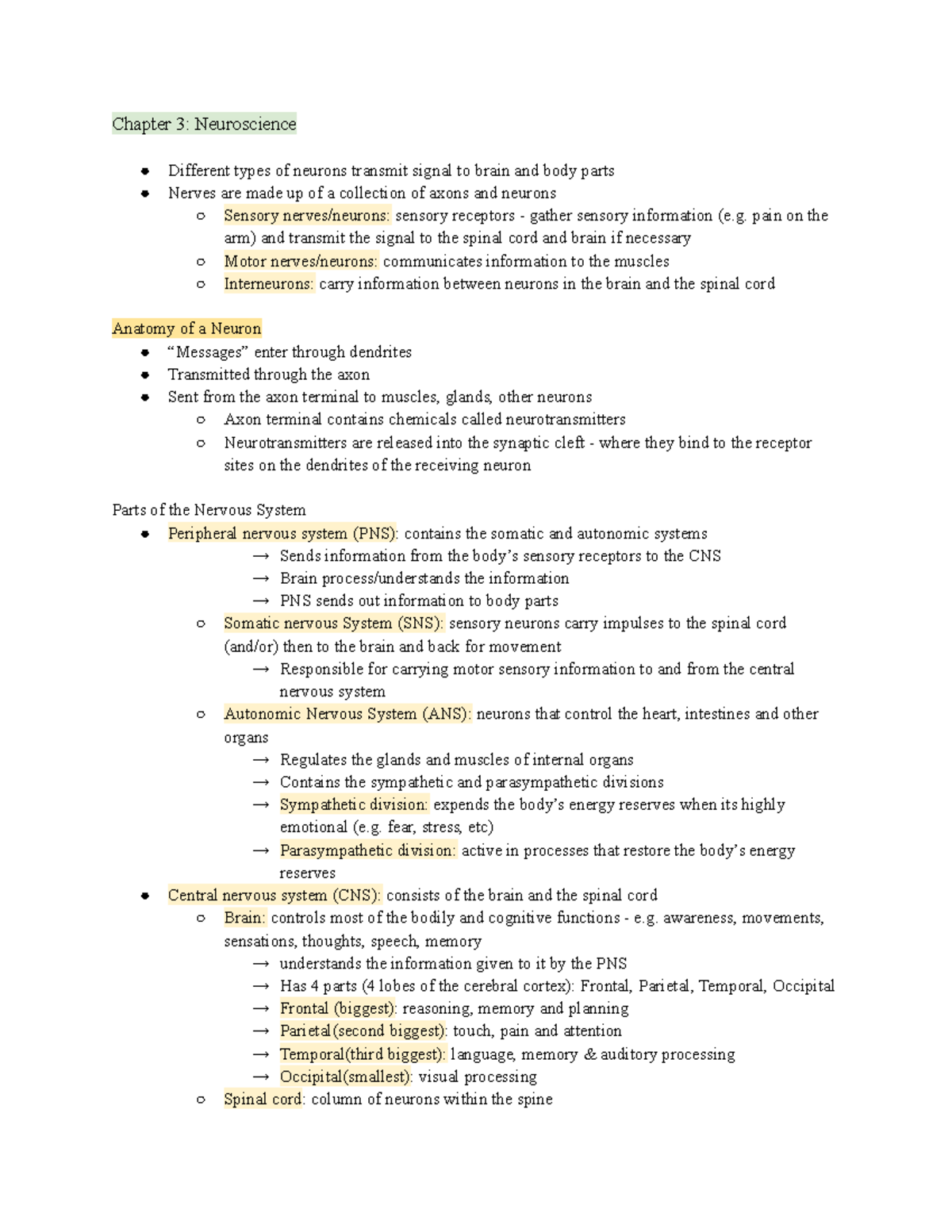 PS101 Week 3 Notes - Chapter 3: Neuroscience Different types of neurons ...