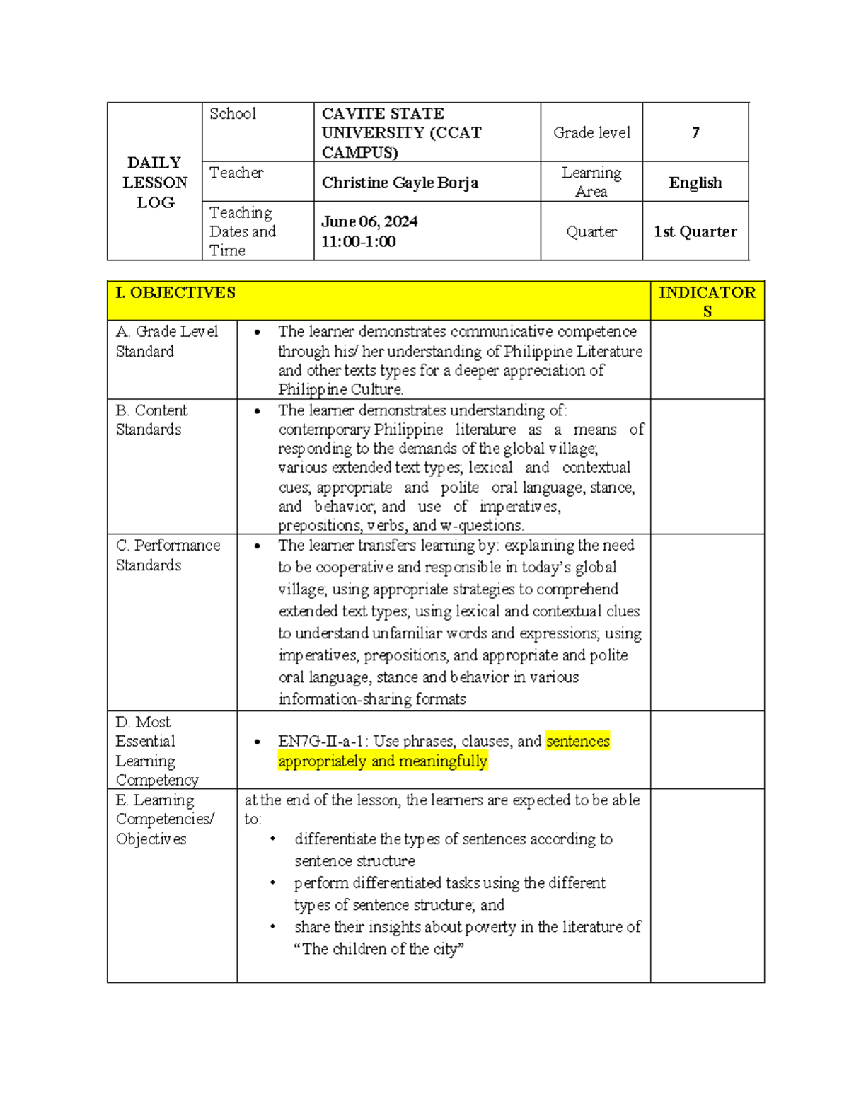 Detailed Lesson Plan - DAILY LESSON LOG School CAVITE STATE UNIVERSITY ...