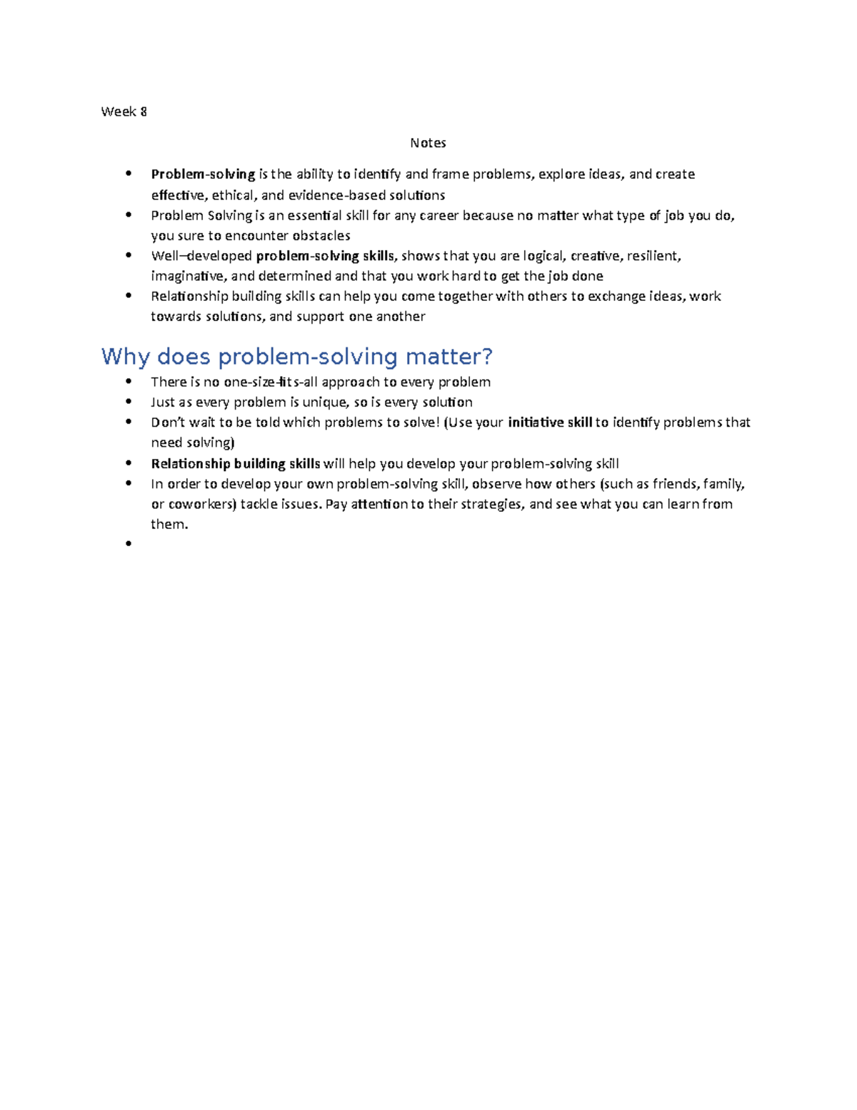 Notes WRK100 - Week 8 Notes Problem-solving is the ability to identify ...