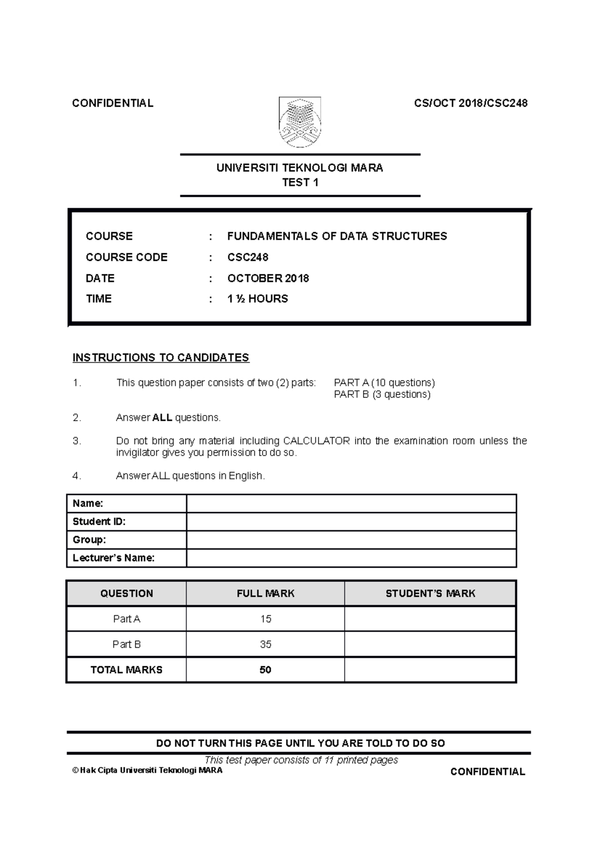 Test1 CSC248 Oct2018 Suggested Answer - UNIVERSITI TEKNOLOGI MARA TEST ...