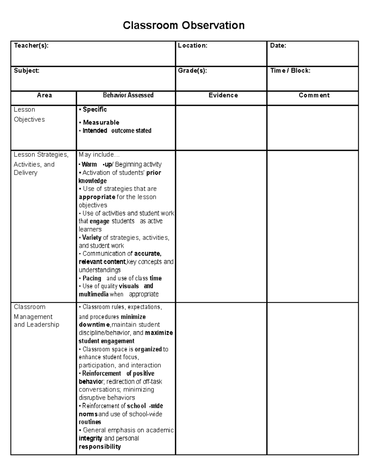 Classroom Teacher Observation Form - Classroom Observation Teacher(s ...