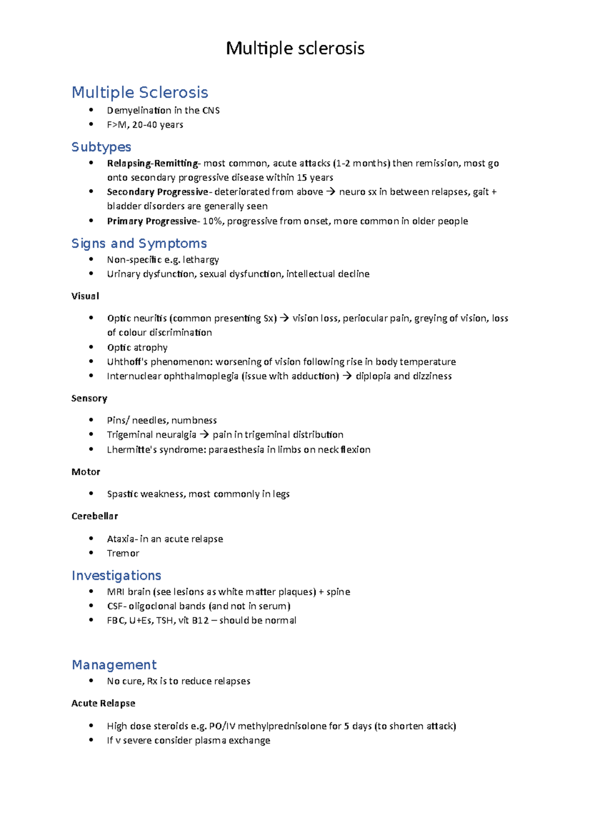 Multiple Sclerosis - Lecture notes 1 - Multiple sclerosis Multiple ...