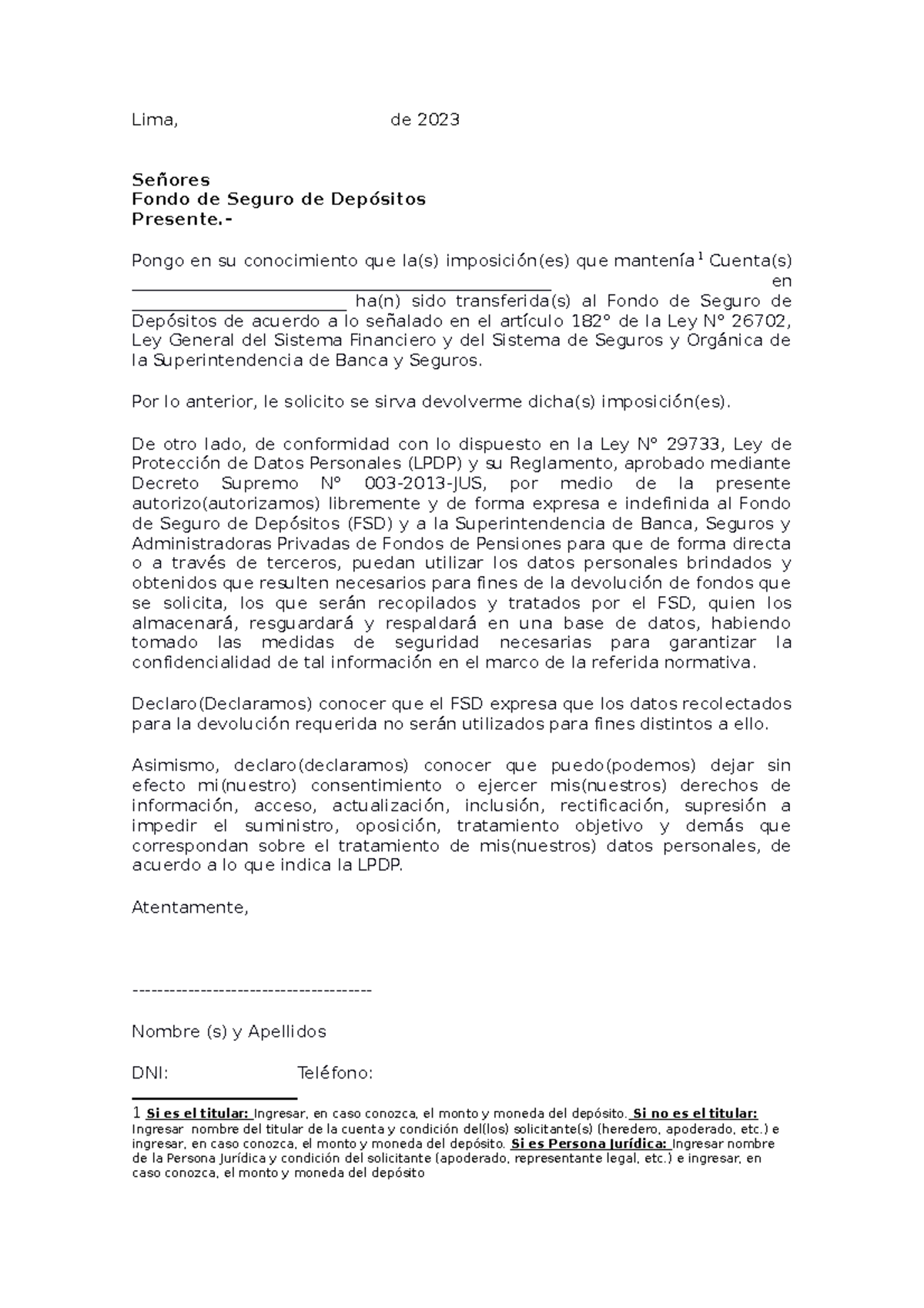 Formato devolución (1) persona - Lima, de 2023 Señores Fondo de Seguro ...