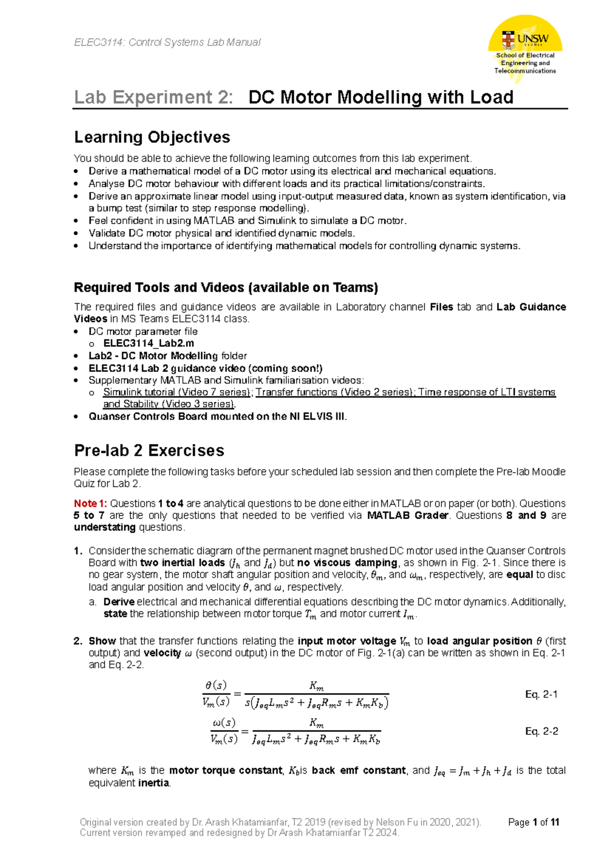ELEC3114 Lab Experiment 2 - ELEC3114: Control Systems Lab Manual ...