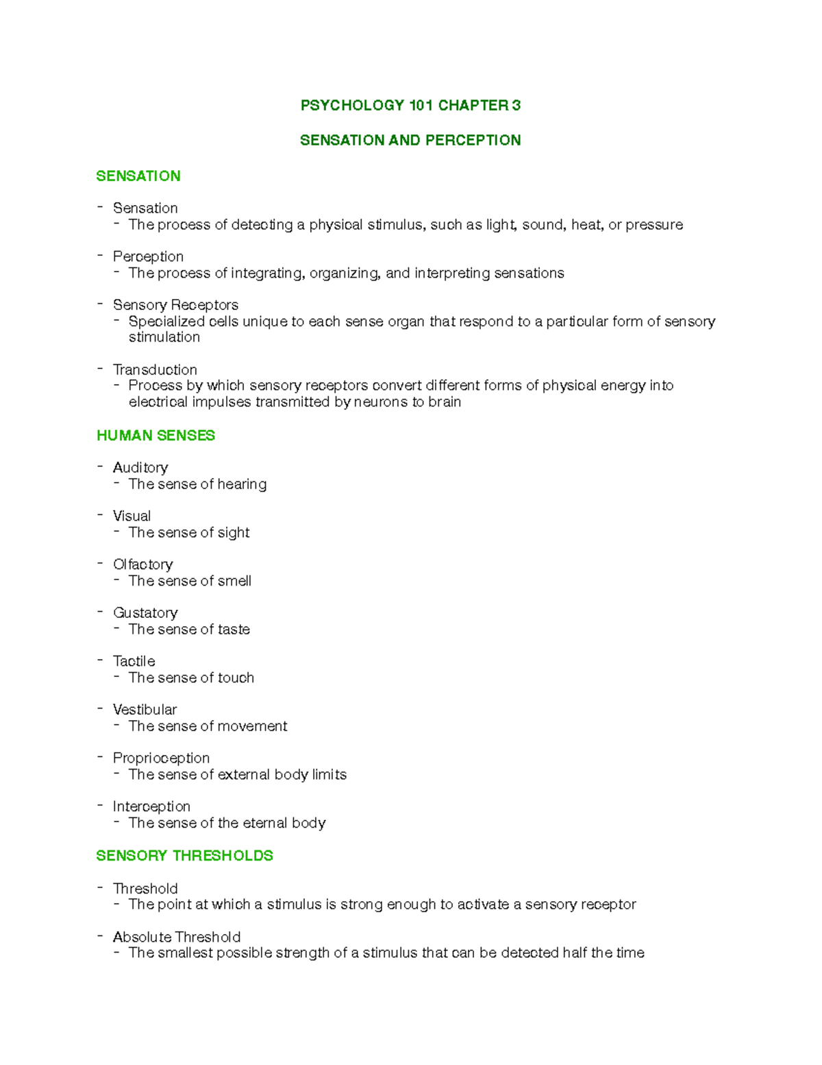 Psych 101 ch 3 - PSYCHOLOGY 101 CHAPTER 3 SENSATION AND PERCEPTION ...
