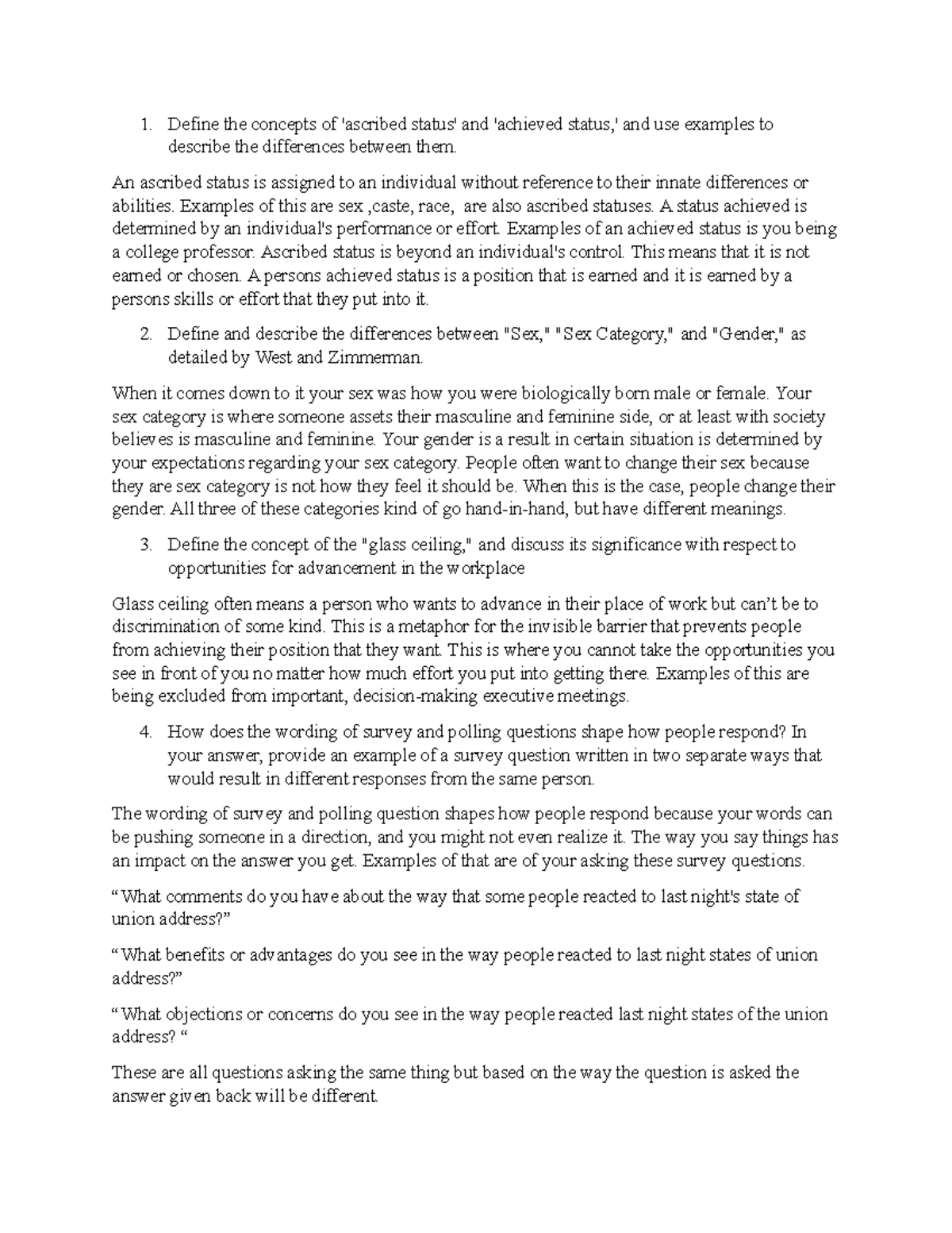 Test questions for this class - Define the concepts of 'ascribed status ...