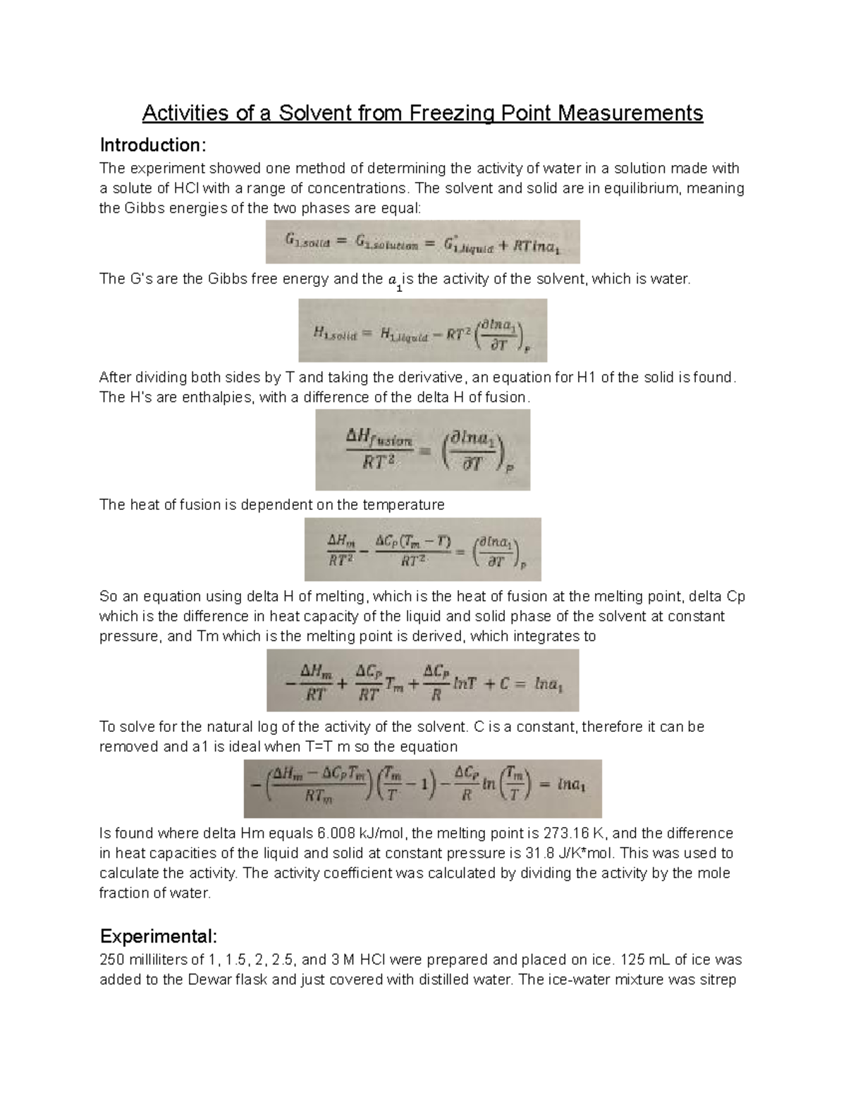 Thermo Lab 5 - Lab Report - Activities of a Solvent from Freezing Point ...