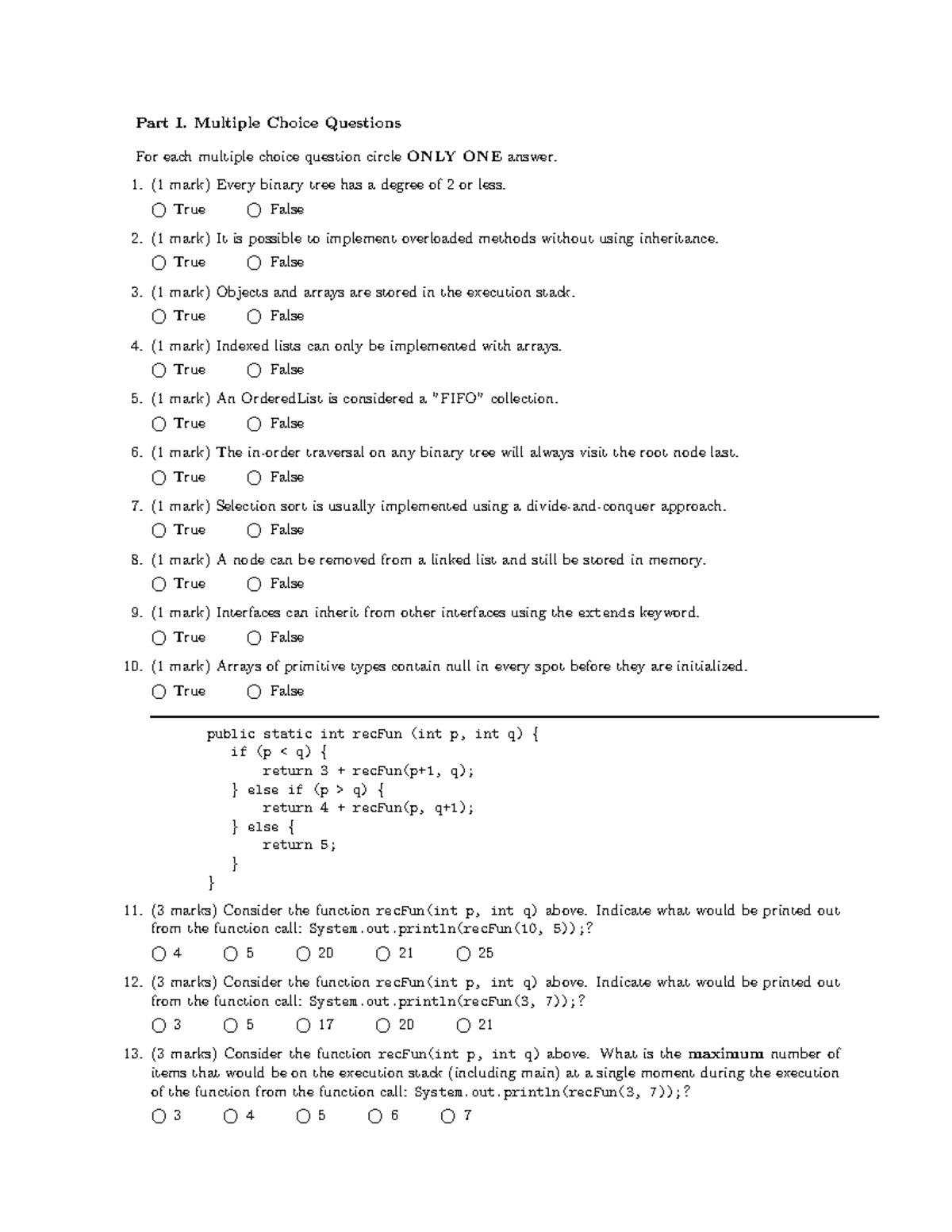 1027 Exam Practice Questions - Part I. Multiple Choice Questions For each multiple choice ...