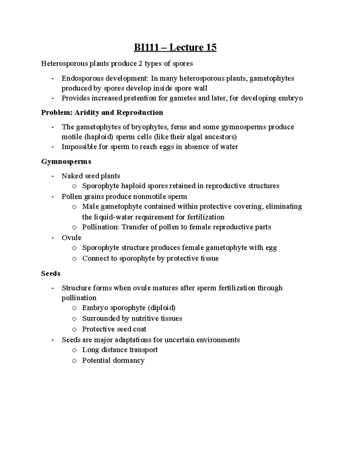 Lecture 15 - Dr. Tristan Long - BI111 – Lecture 15 Heterosporous plants ...