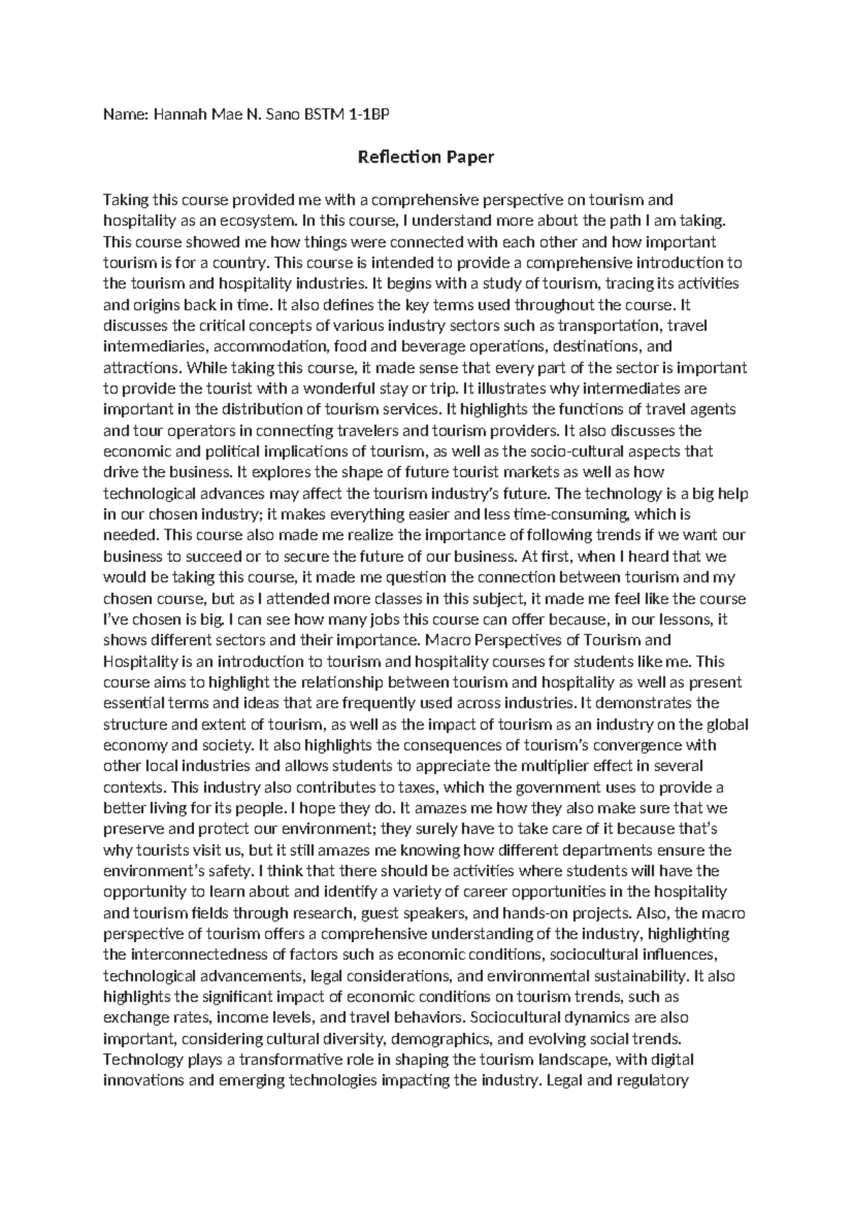 Reflection Paper Macro - Name: Hannah Mae N. Sano BSTM 1-1BP Reflection ...