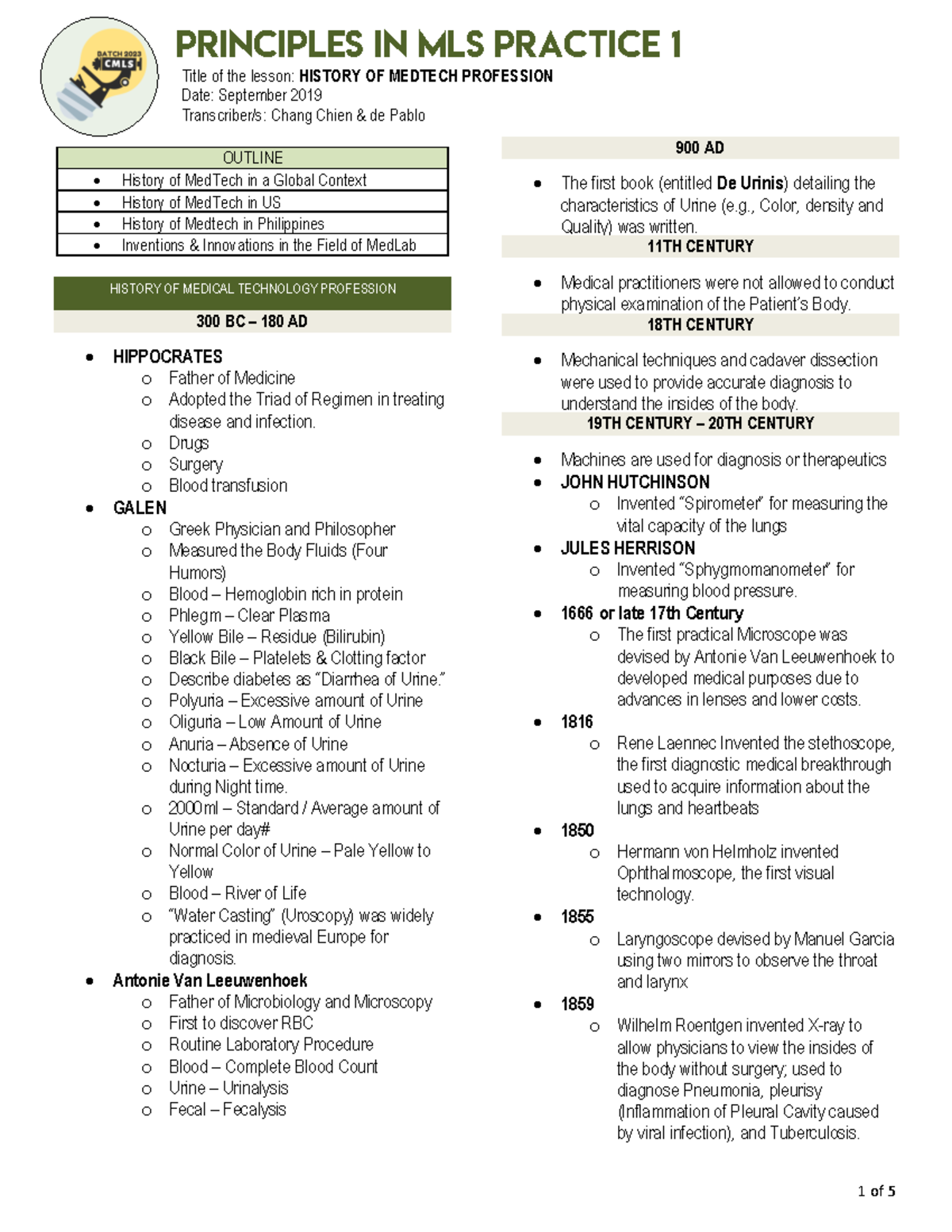 PMLS 1 History - LECTURE - PRINCIPLES IN MLS PRACTICE 1 Title of the lesson: HISTORY OF MEDTECH ...