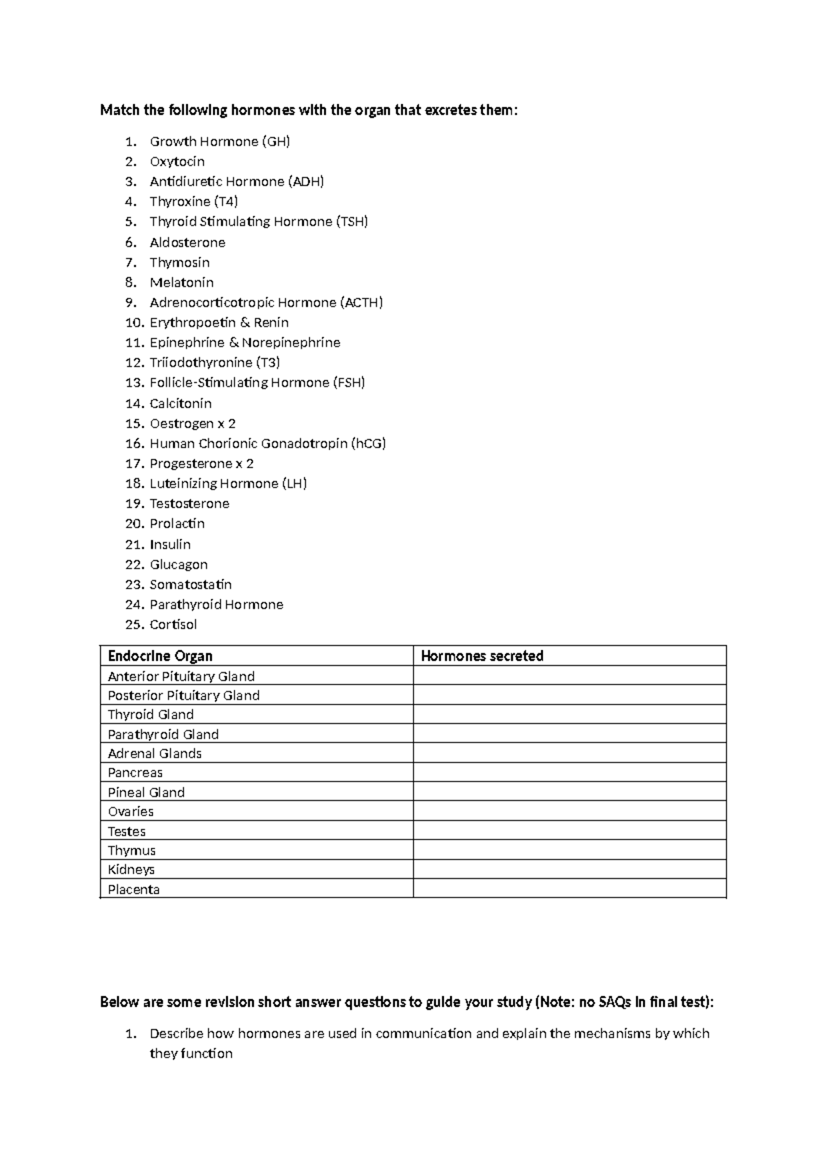 Endocrine Revision Worksheet - Match the following hormones with the ...