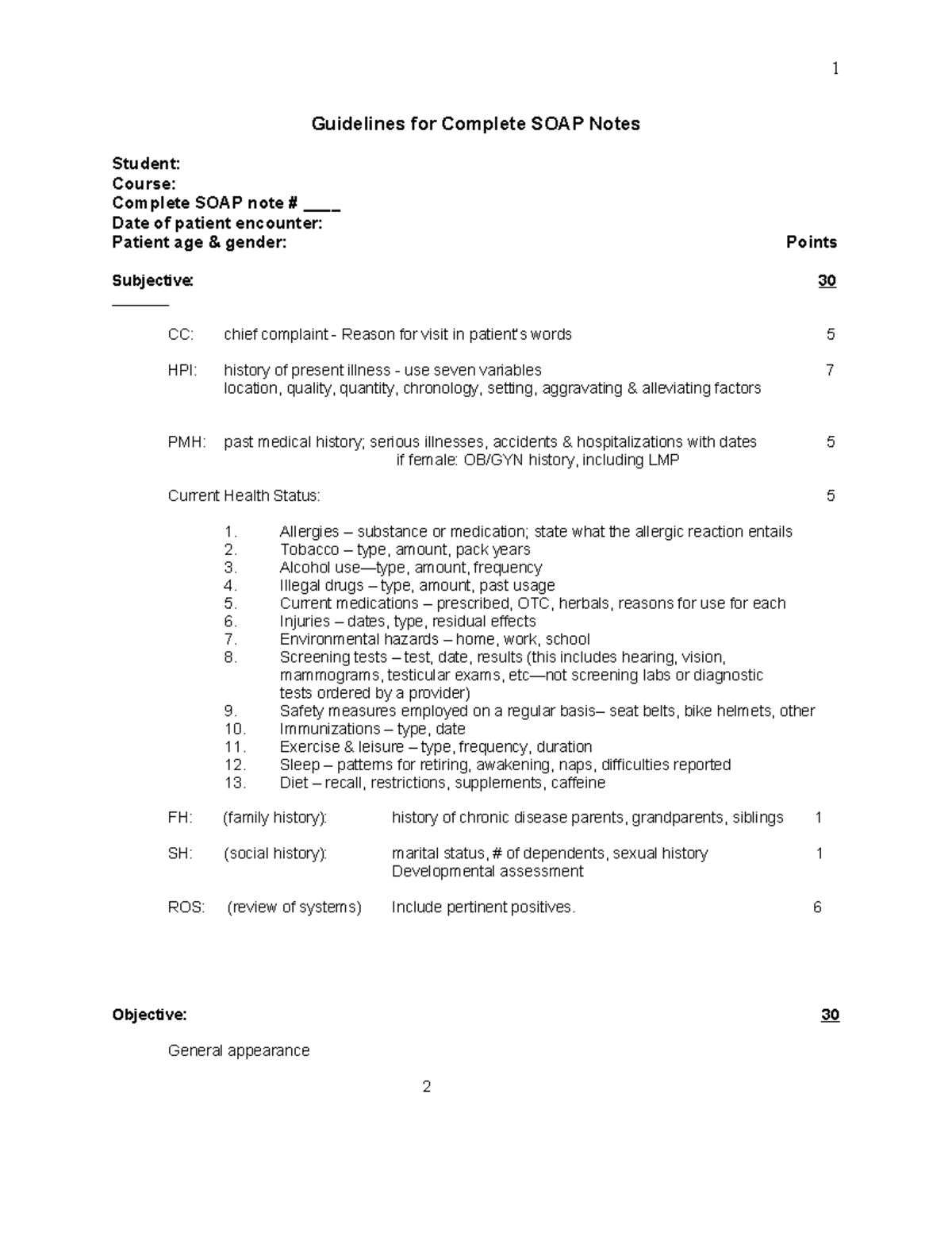 Guidelines Complete SOAP Notes Fall 2018 - Guidelines for Complete SOAP ...