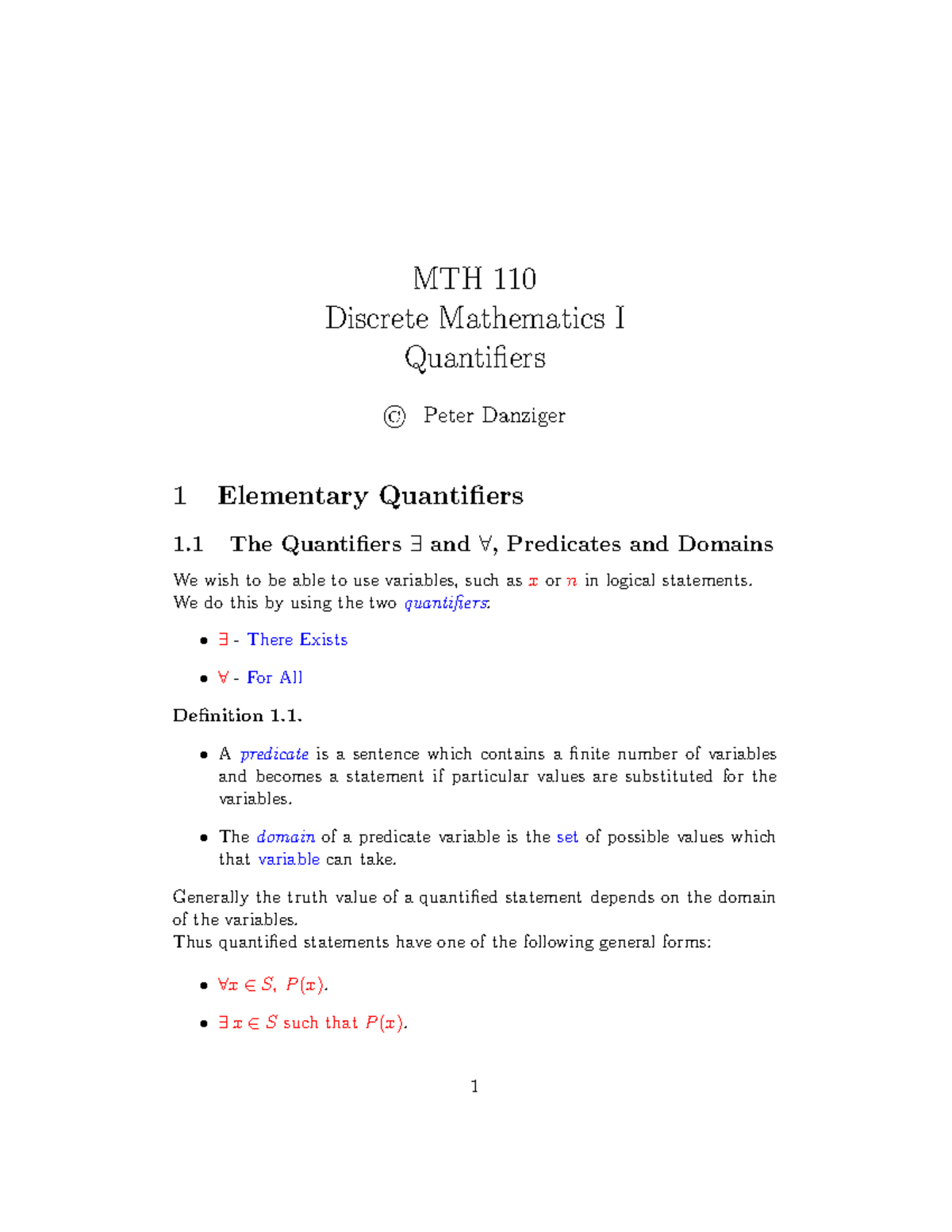 Quantifiers - notes - MTH 110 Discrete Mathematics I Quantifiers ...
