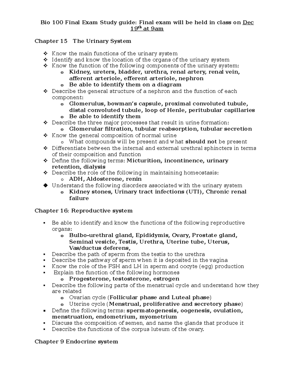 Bio 100 Final Exam Study guide F22 - Chapter 9 Endocrine system ...