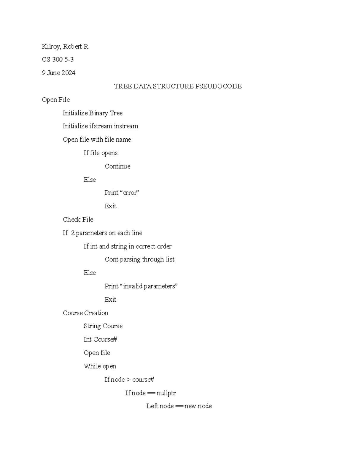 Kilroy 5-3 - module 5-3 - Kilroy, Robert R. CS 300 5- 9 June 2024 TREE DATA STRUCTURE PSEUDOCODE ...