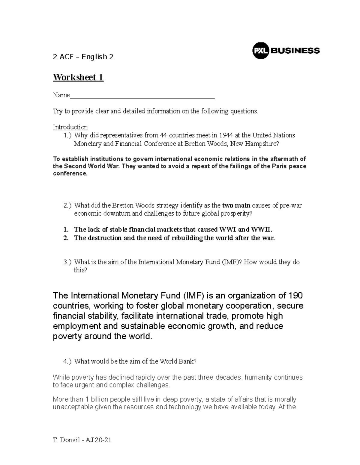 IMF World Bank Worksheet-correction - 2 ACF – English 2 Worksheet 1 ...