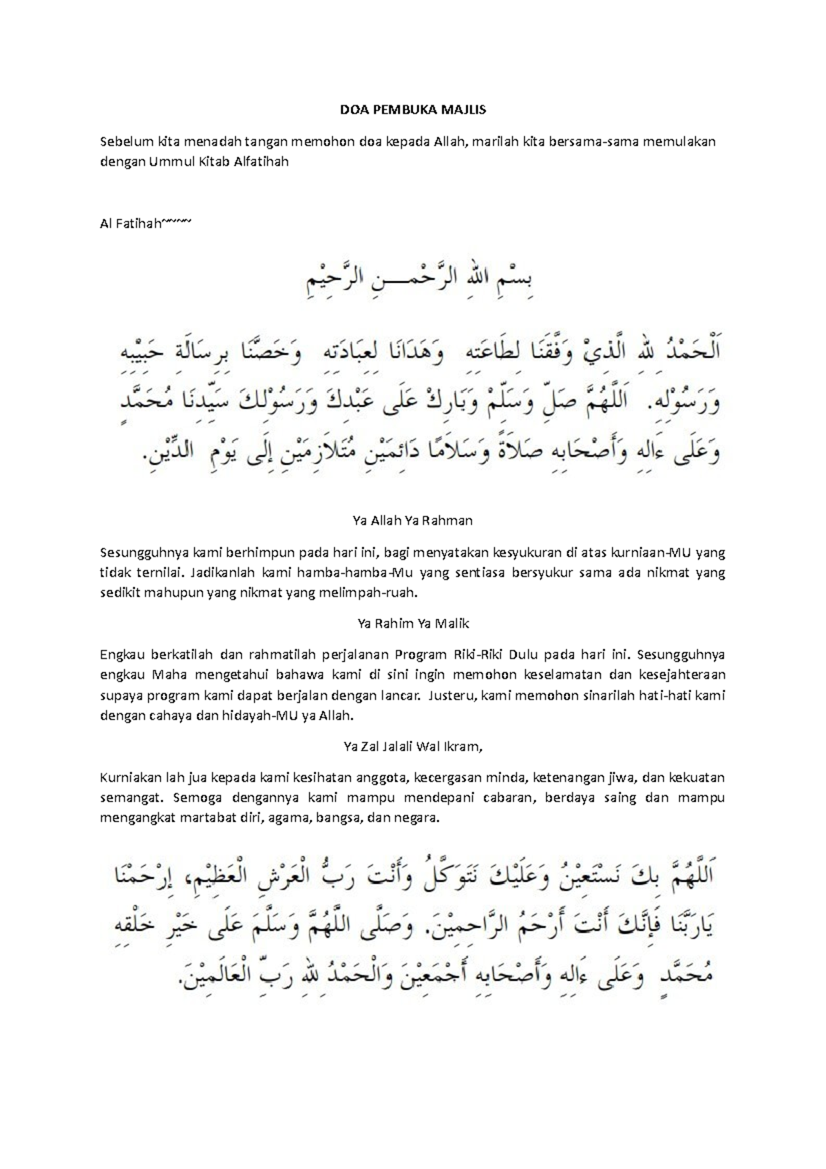 DOA Pembuka Majlis - DOA PEMBUKA MAJLIS Sebelum kita menadah tangan ...