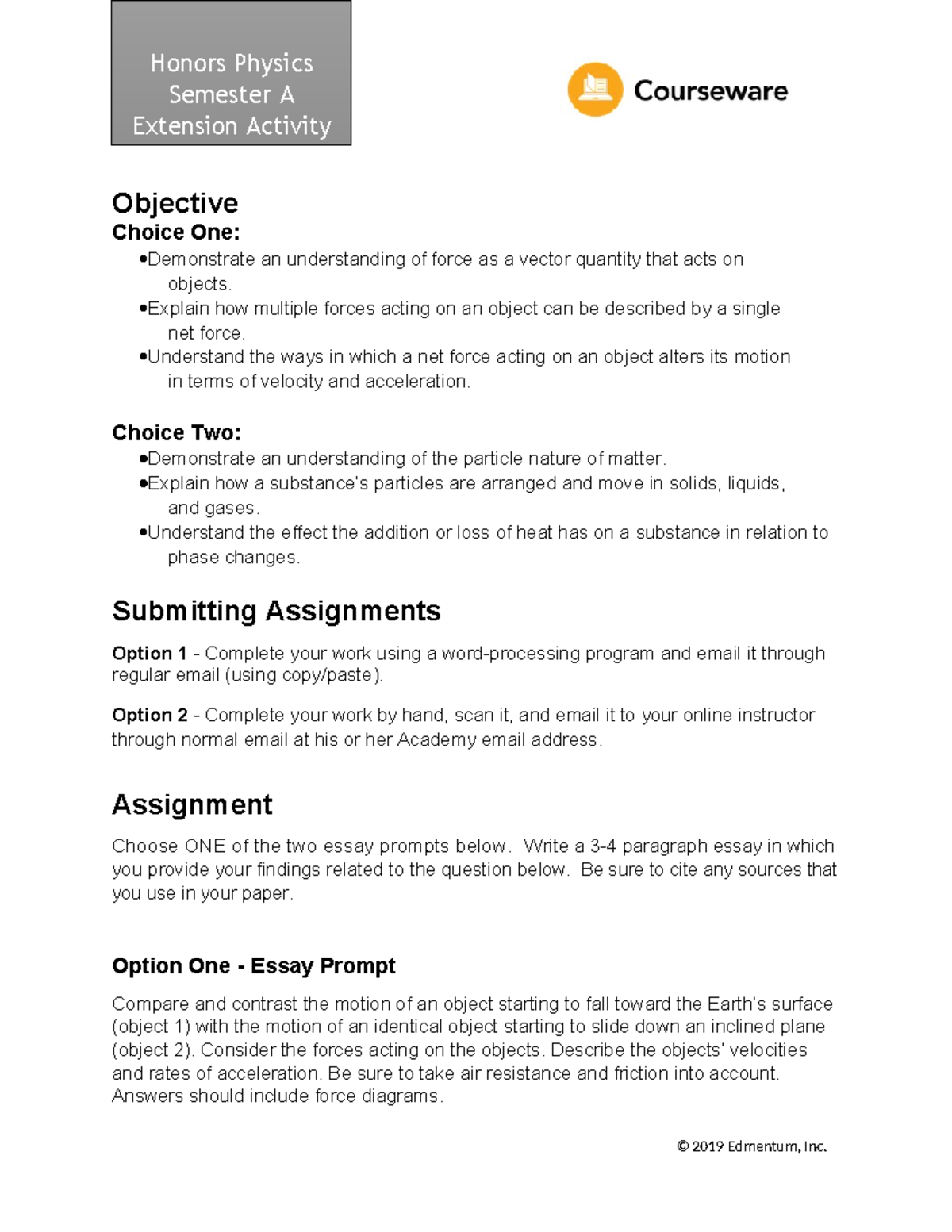 Extension Activity 1 Honors Physics A v3.0 (1) - Objective Choice One ...