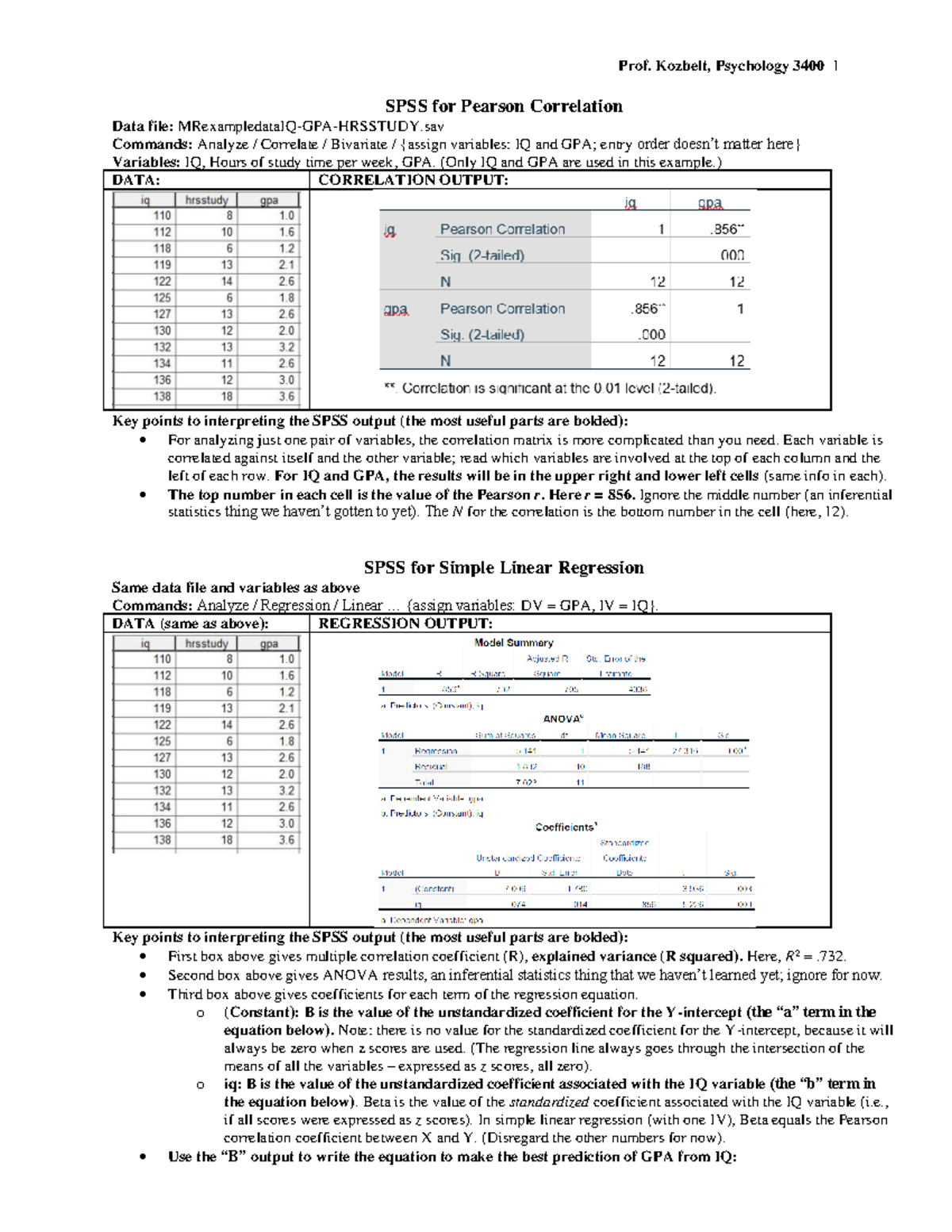 Spss For Correlation And Linear Regression Warning Tt Undefined Function 32 Prof Kozbelt 5144