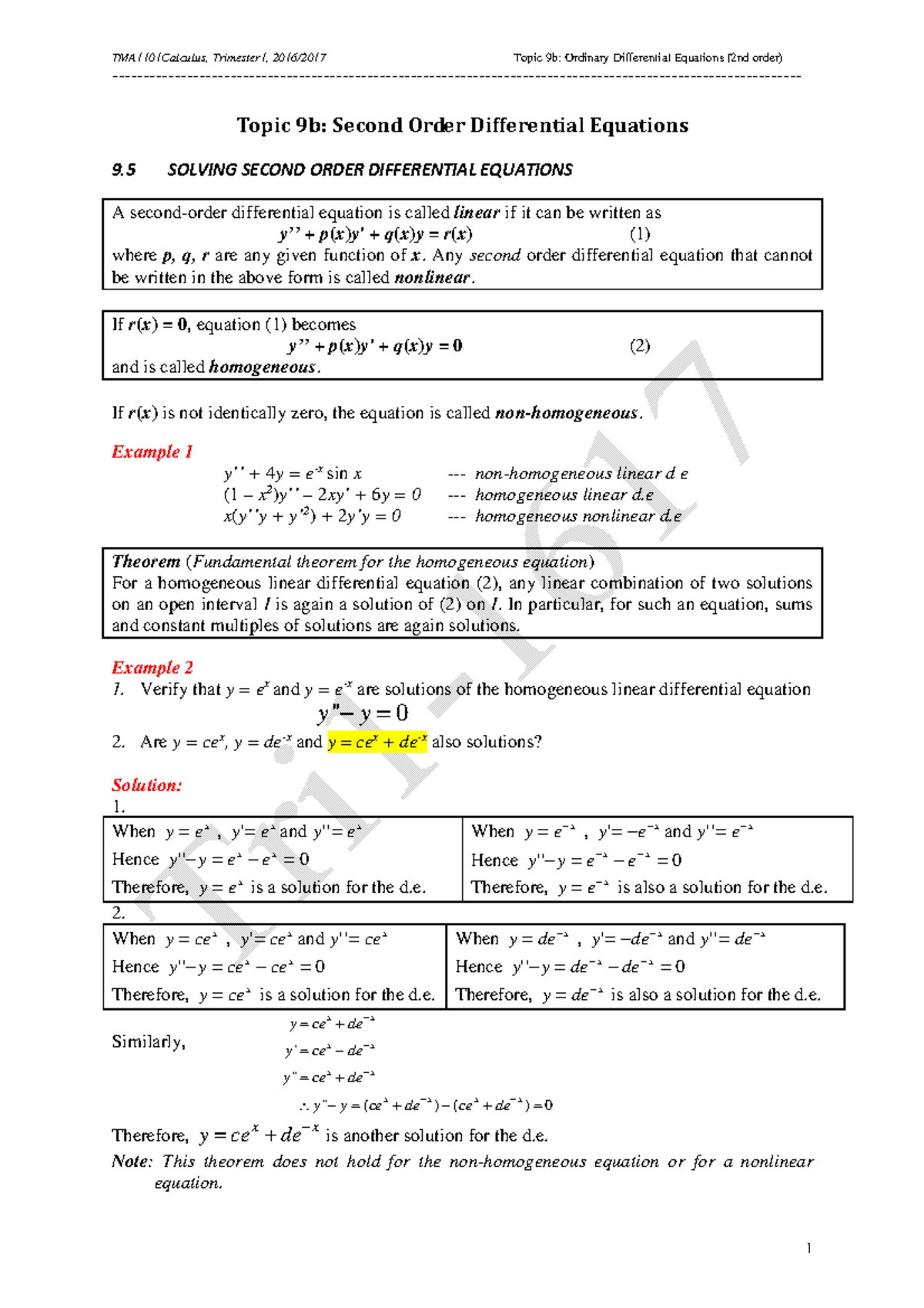 356339 TMA1101 Topic 09b ODE-2nd Order - Topic 9b: Second Order Differential Equations 9 SOLVING ...