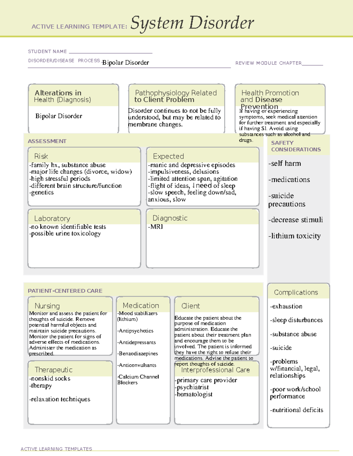 ATI System Disorder Bipolar - STUDENT NAME DISORDER/DISEASE PROCESS ...