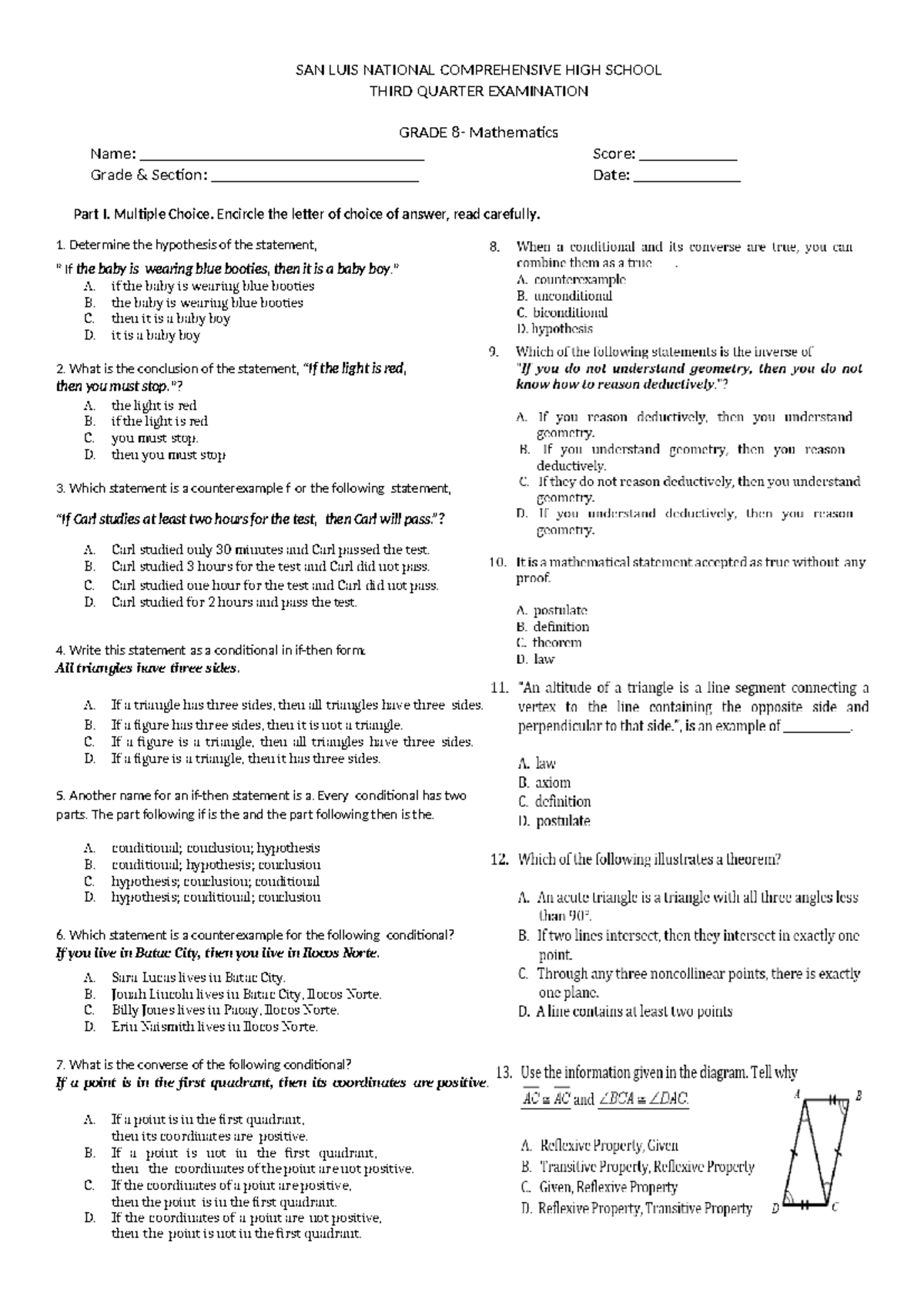 Grade 8 mathematics summative exam - SAN LUIS NATIONAL COMPREHENSIVE ...
