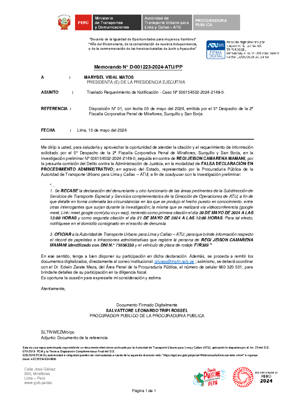 Memorando N°D-001223-2024-ATU-PP - PERÚ Ministerio de Transportes y ...