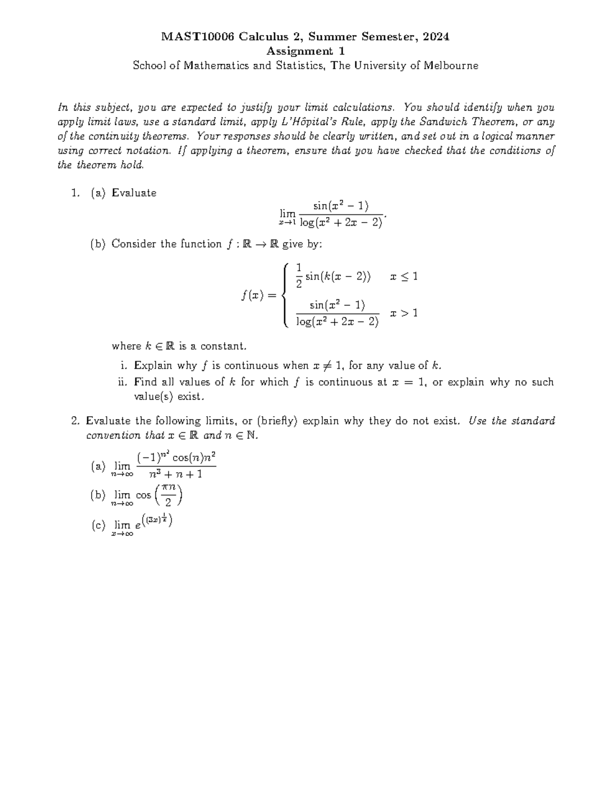 Mast10006 2024 Sum A1 Assignment 1 Questions Mast10006 Calculus 2