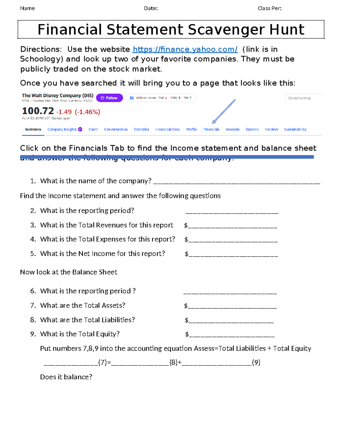 Financial Statement Scavenger hunt - Name Date: Class Per: Financial ...
