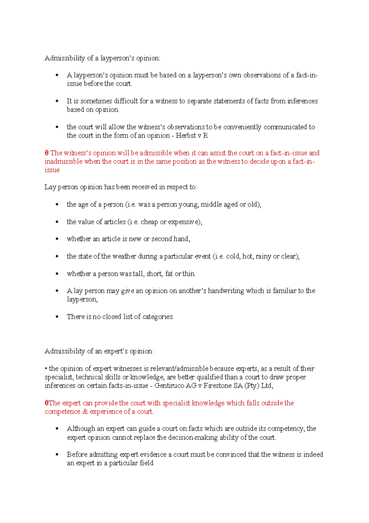 November exam scope notes - Admissibility of a layperson’s opinion: A ...