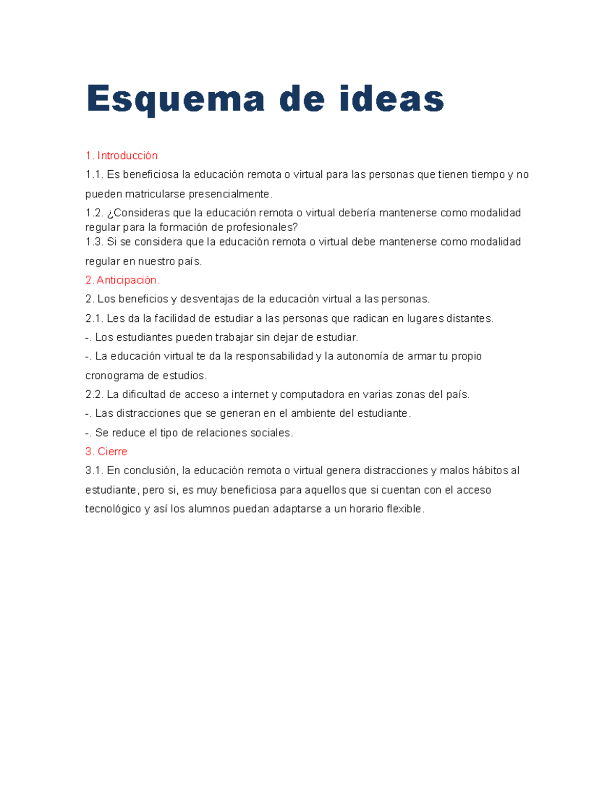 Esquema DE Ideas- Tarea 2 - Esquema de ideas 1. Introducción 1. Es beneficiosa la educación ...