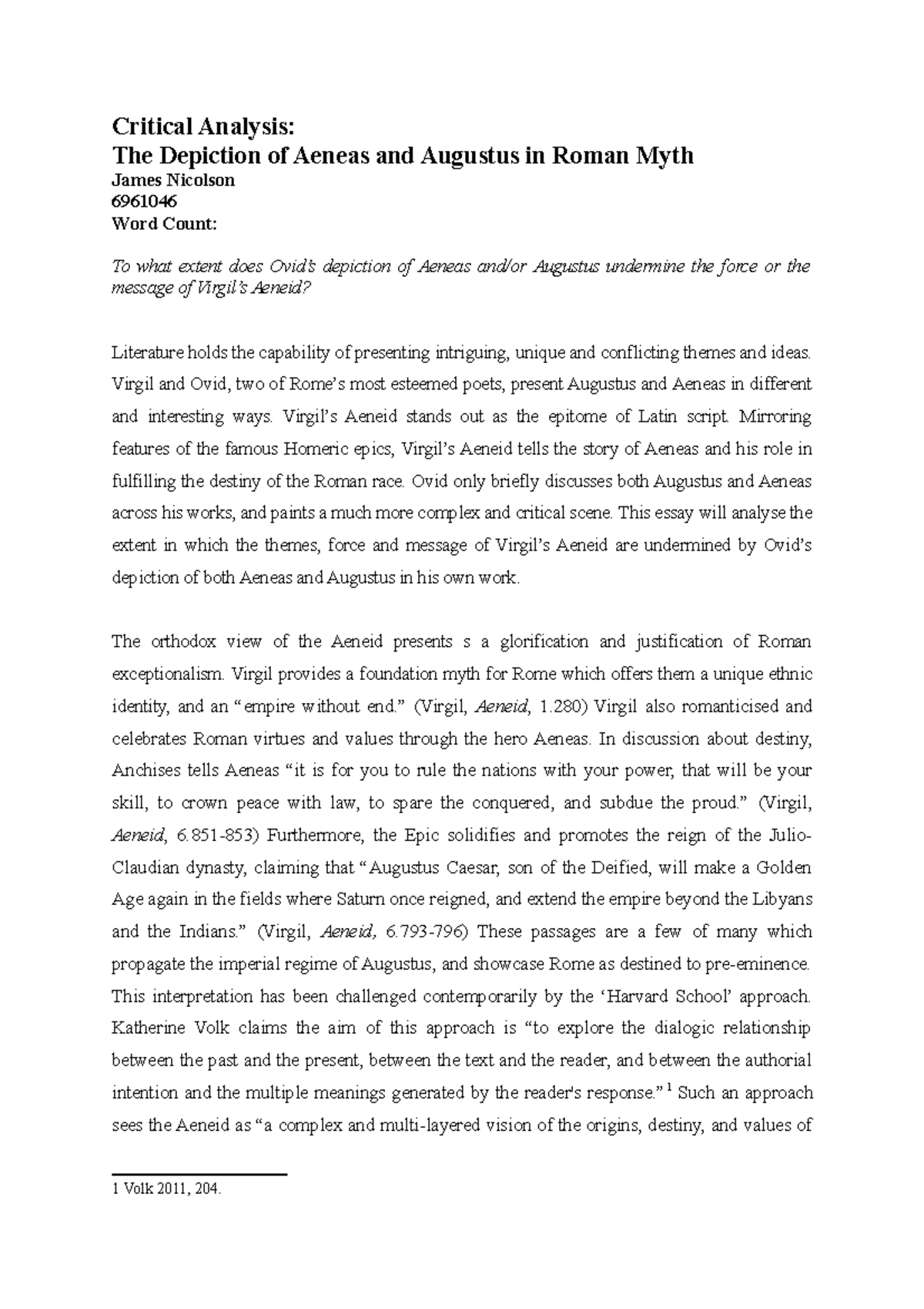 CLAS238 Critical Analysis - Critical Analysis: The Depiction of Aeneas ...
