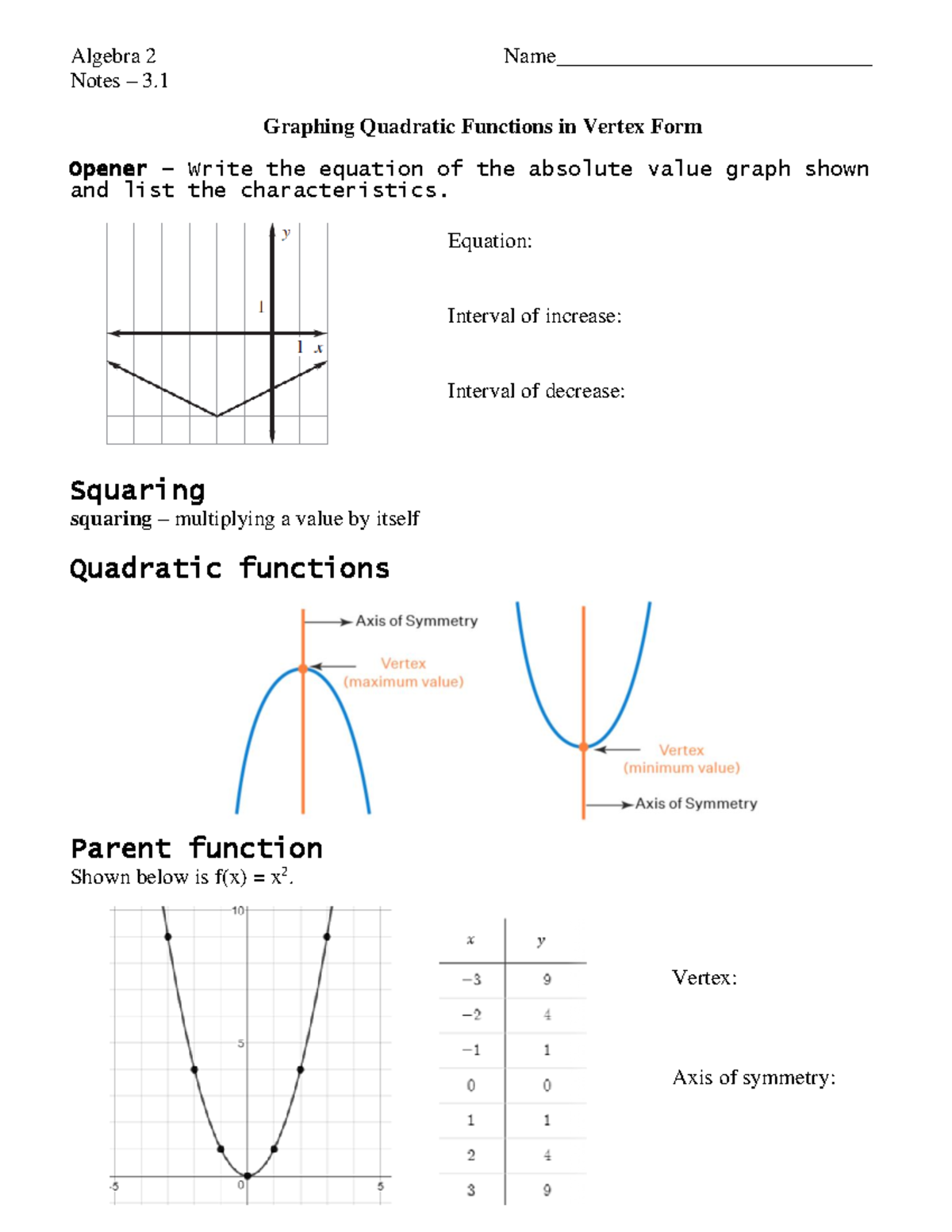 Graphing quadratic functions in vertex form Notes - Algebra 2 Name