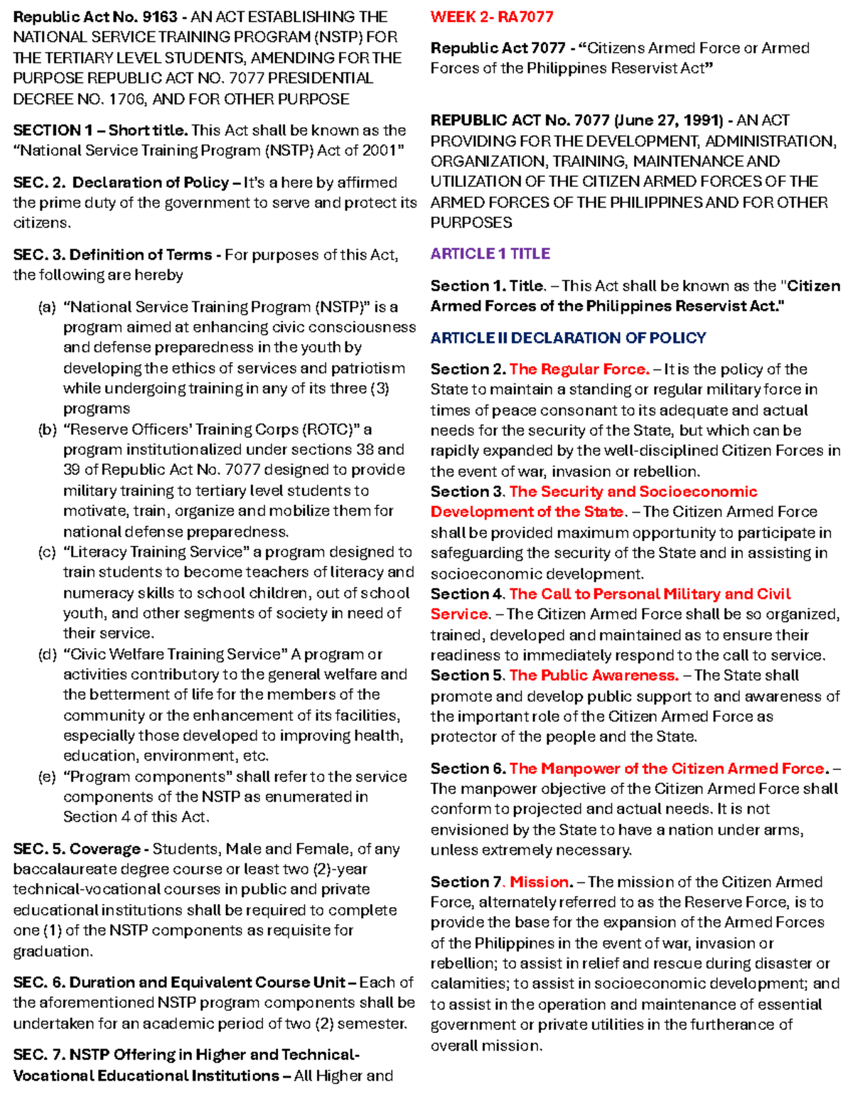 NSTP - Reviewer - Republic Act No. 9163 - AN ACT ESTABLISHING THE ...