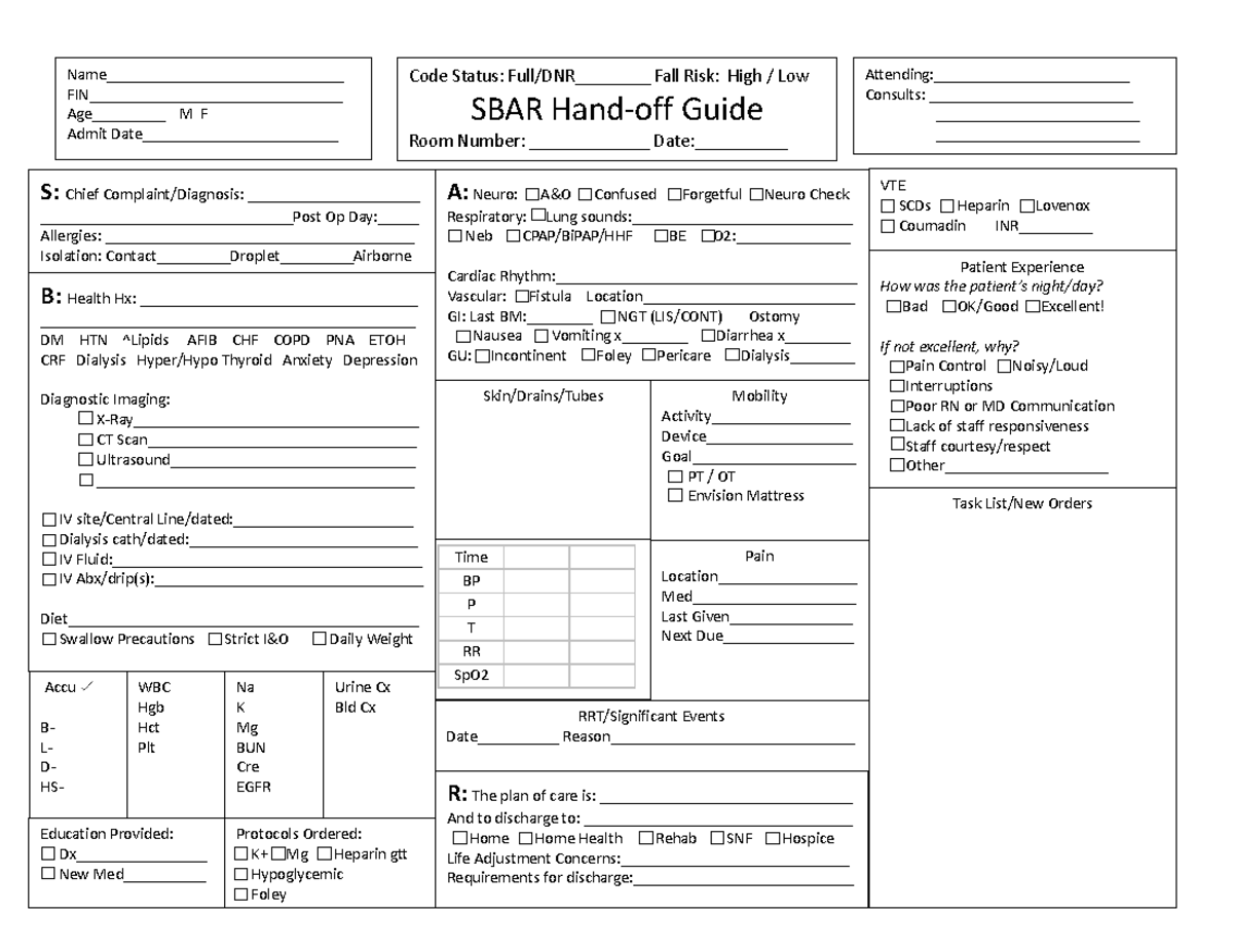 SBAR Handoff Report - Name_____________________________ FIN