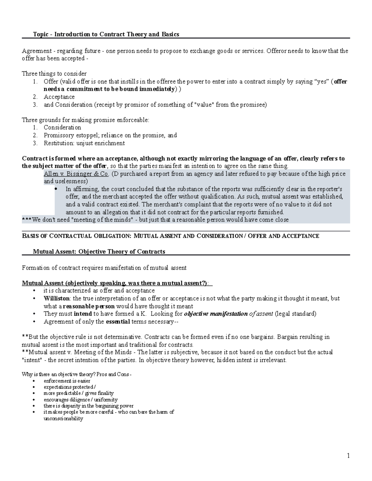Contracts Law Outline - 1 - Topic - Introduction to Contract Theory and ...