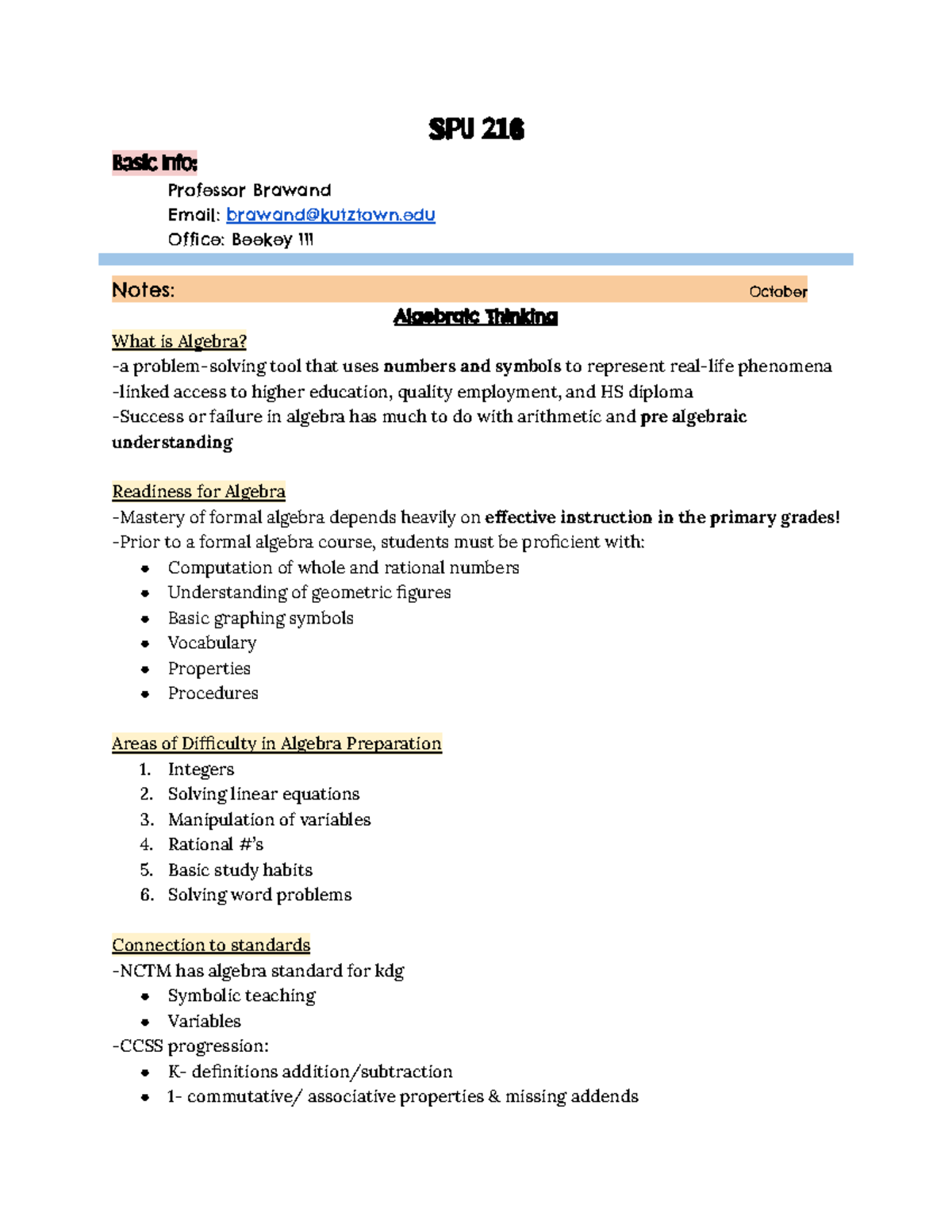 Notes 3 - Dr. Brawand - SU 216 Bac In: Professor Brawand Email:brawand ...