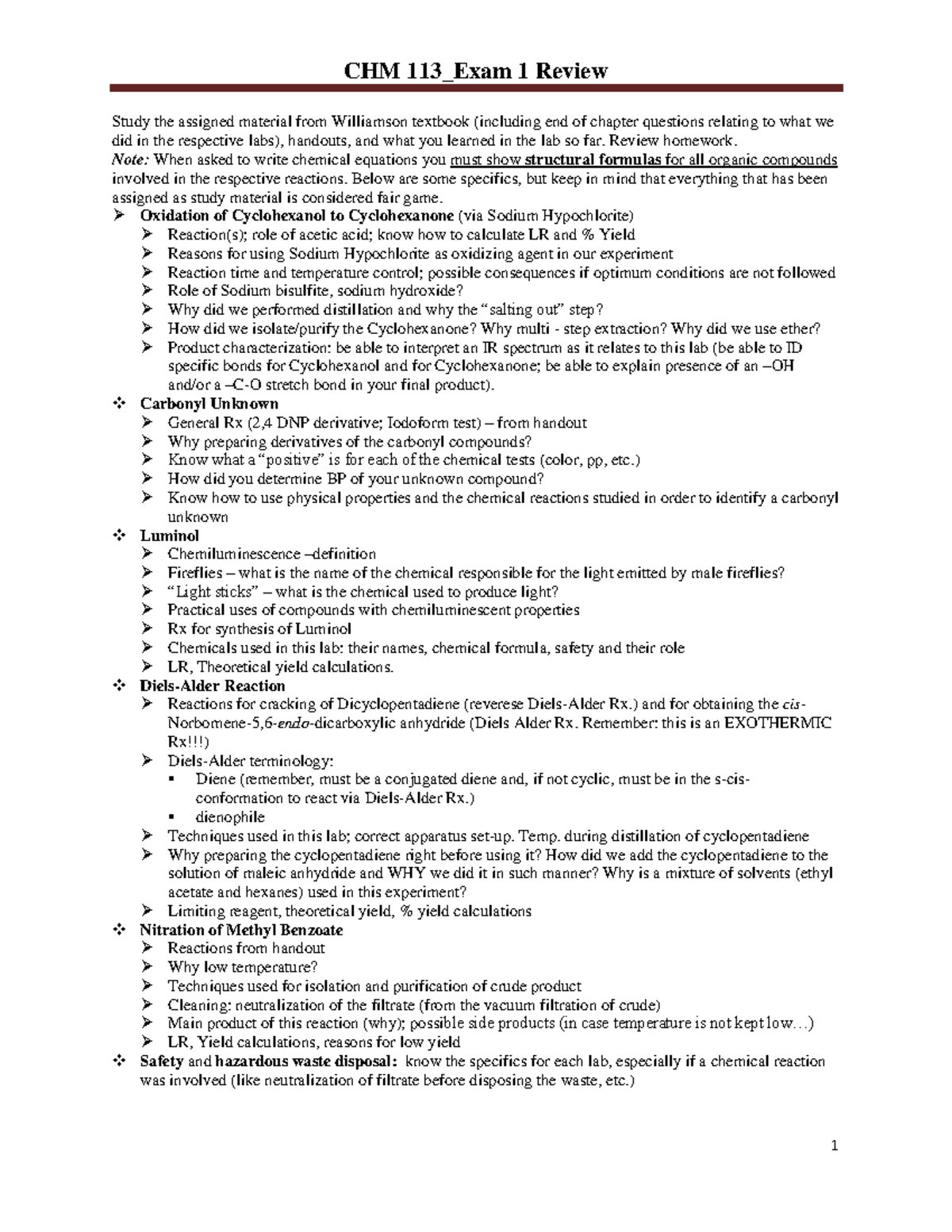 0 113 Exam 1 Review - CHM 113_Exam 1 Review 1 Study the assigned ...